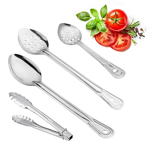 Serving Utensils, Set of 4-15" Solid Spoon, 15" Perforated Spoon, 11" Perforated Spoon and 9" Serving Tong Stainless Steel Kitchen Utensils Set