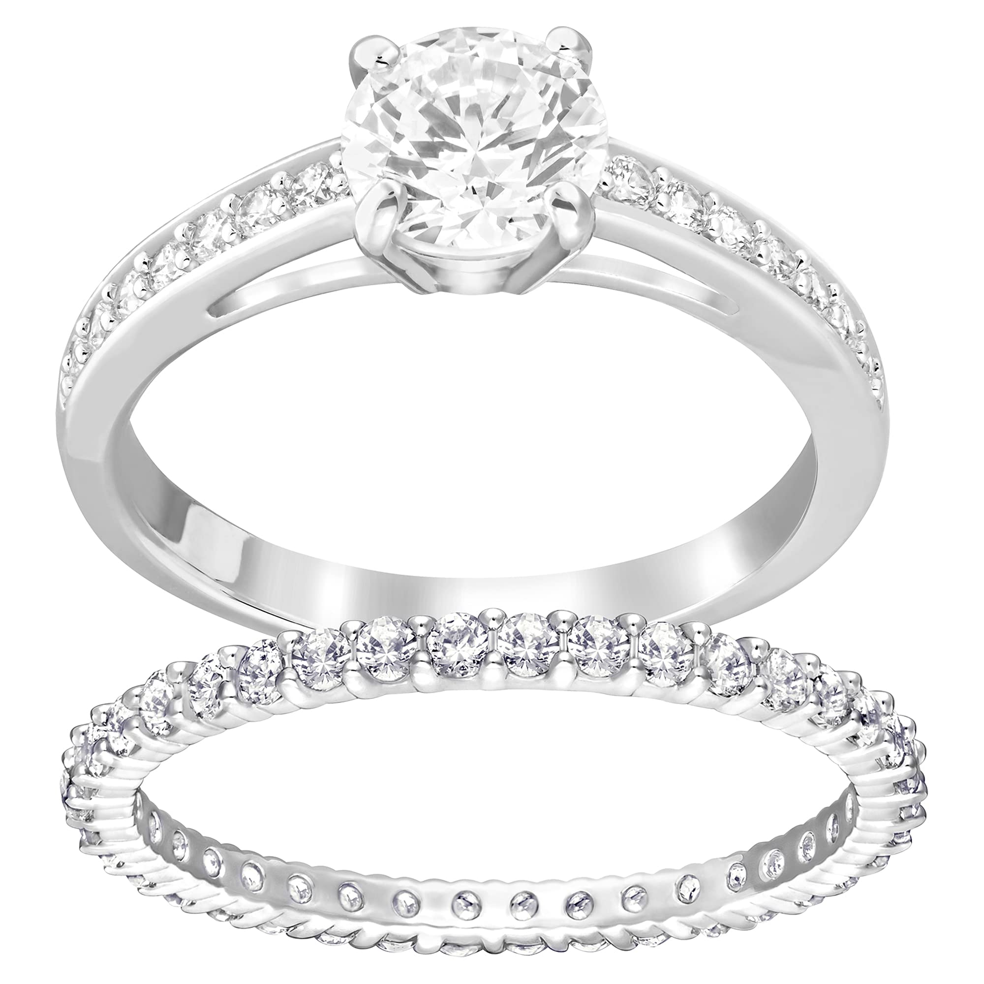 SWAROVSKI Stilla Attract Ring Set, Round Clear Crystal Center Stone with Clear Crystal Pavé on a Rhodium Plated Setting and a Second Stackable Ring, Size 6