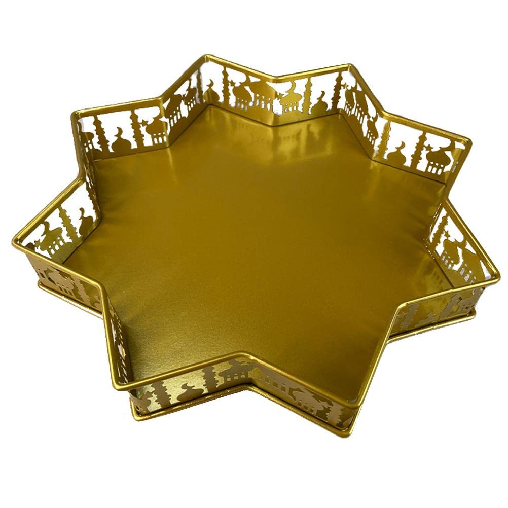 WYHFA Eid Mubarak Plate Iron Serving Tray, Ramadan Food Serving Tray Plate Dessert Pastry Candy DIY Display Tray for Eid Mubarak Party Decoration