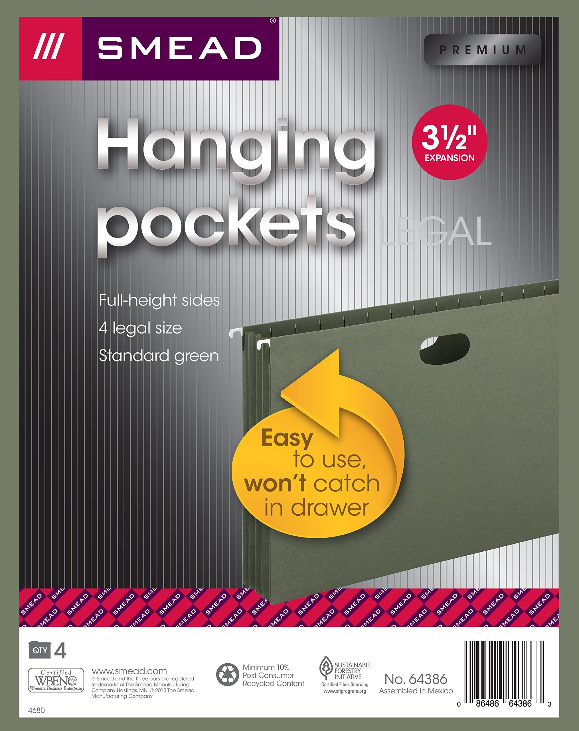 Smead Hanging Pocket with Full-Height Gusset, 3-1/2" Expansion, Legal Size, Standard Green, 4 per Pack (64386)