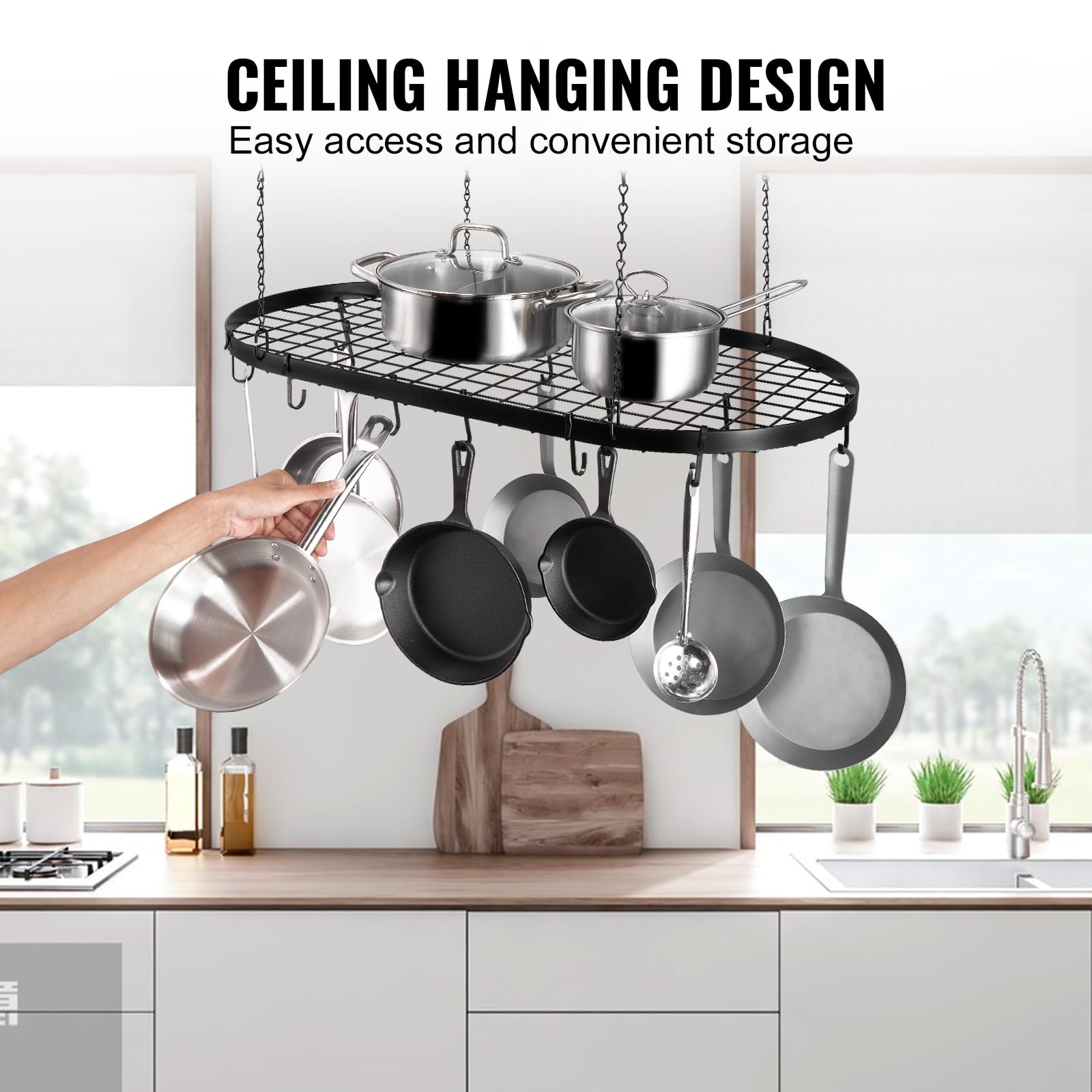 VEVOR 36 inch Carbon Steel Hanging Pot Rack, Ceiling Mount, 20 S Hooks, 80 lbs Loading Weight, Ideal for Home, Restaurant, Kitchen Cookware, Utensils
