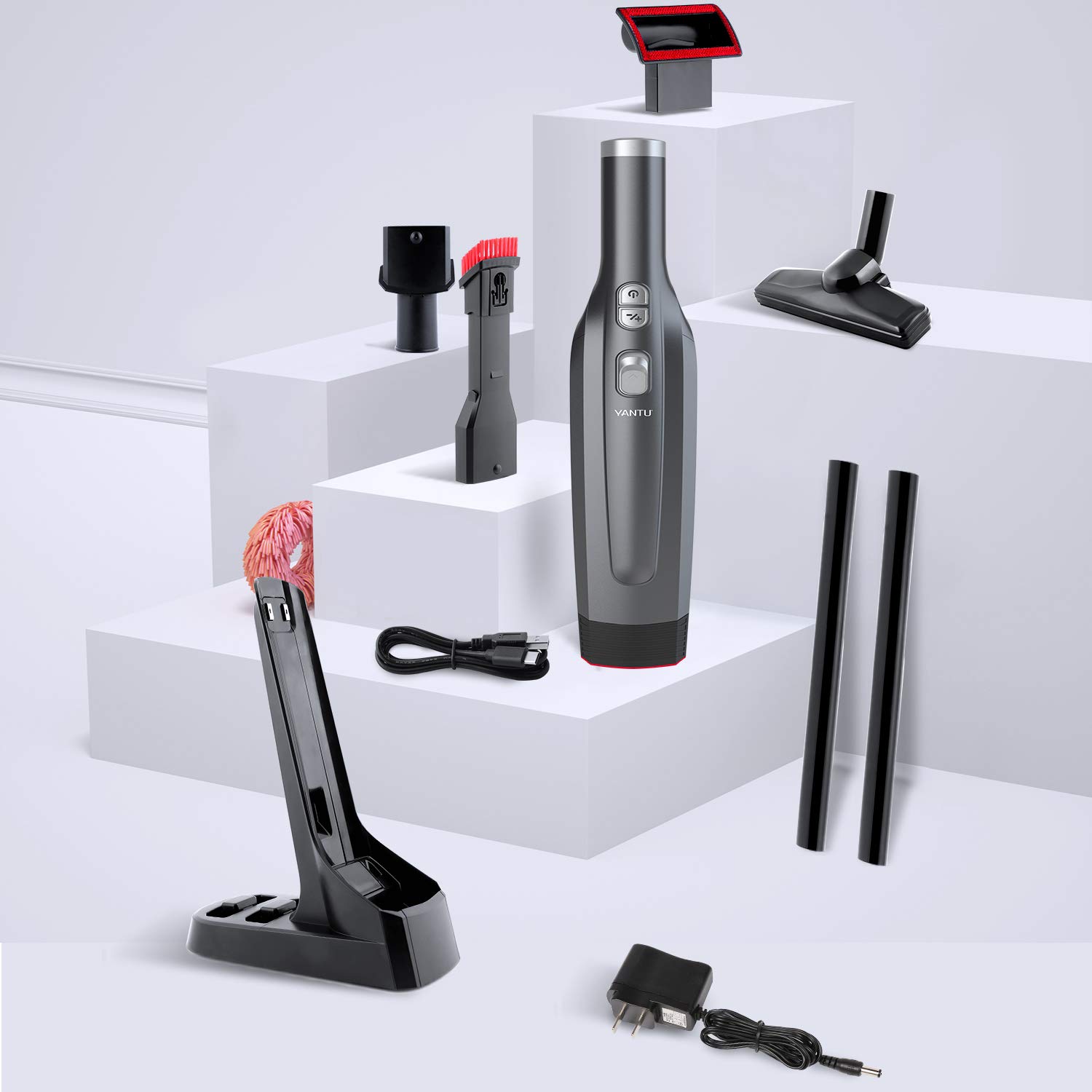 YANTU Handheld Vacuum Cleaner, Cordless Vacuum Cleaner with 14kpa Powerful Suction, Hand Vacuum, brushless Motor,Multi Brushes, Charging Dock for Home & Car use