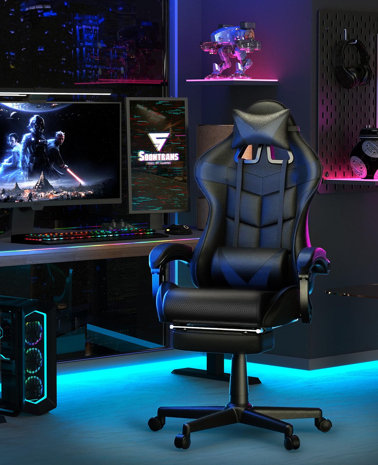 Soontrans Black Gaming Chairs with Footrest, Ergonomic Gamer Chair, Home Office Chair,PC Computer Chair with Headrest and Lumbar Support(Dark Black)
