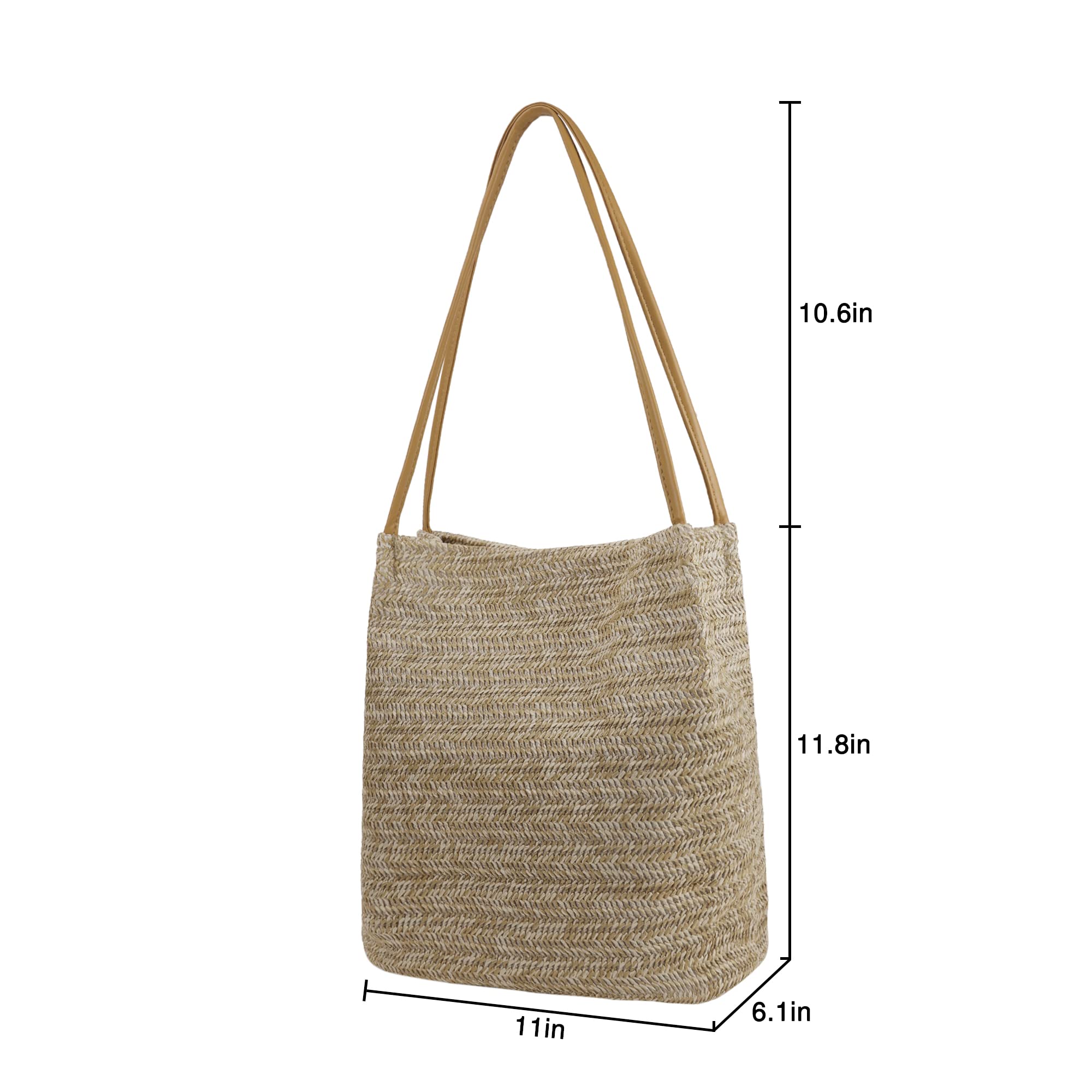 Women Straw Shoulder Bag Bucket Bag Beach Hobo Handbag Top Handle Satchel Purse for Summer, Dark Beige