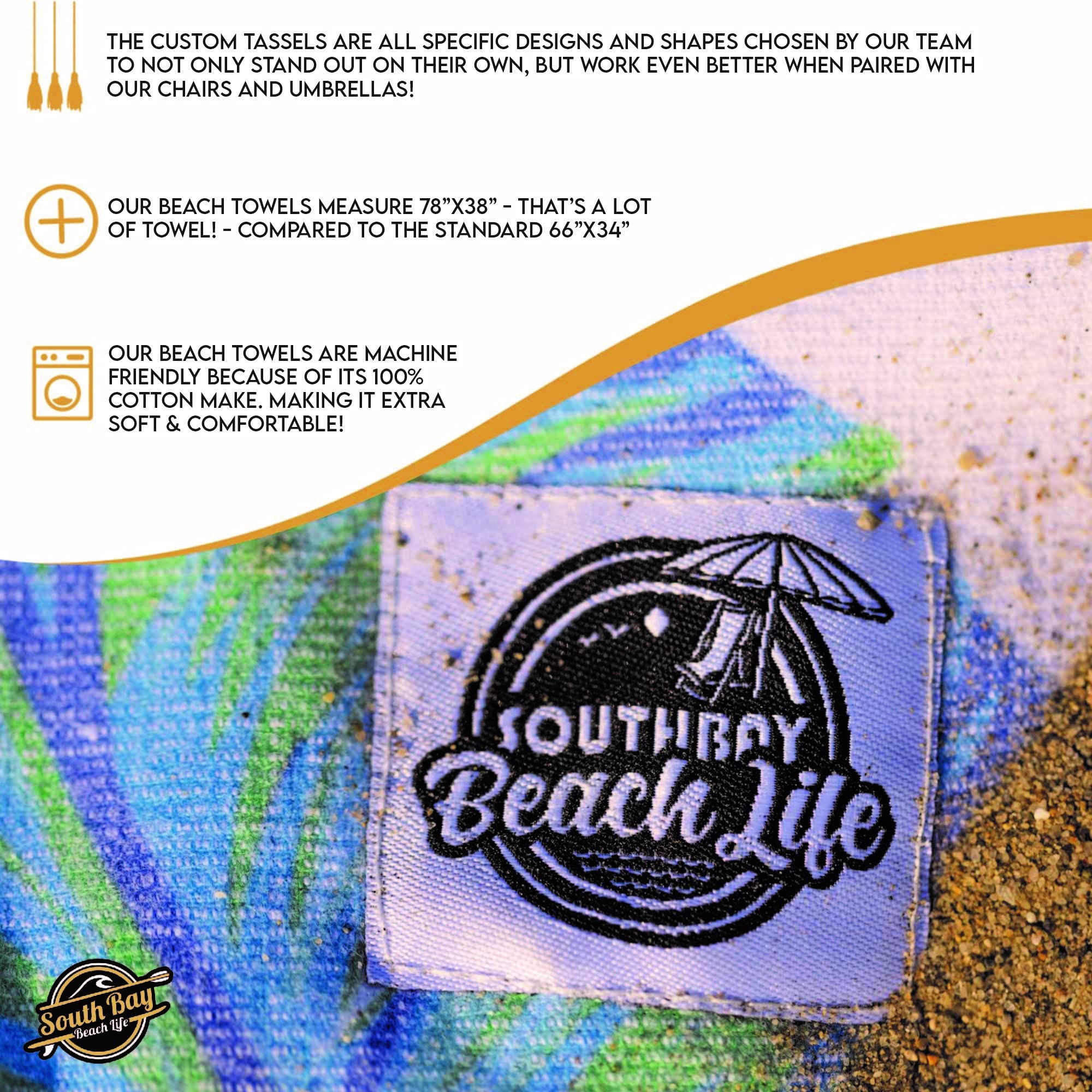 South Bay Beach Life™ - Plush, Oversized Beach Towel for Adults - Custom, XL, Personal Cotton Towels with Boho-Style Tassels - 78" Long x 38" Wide
