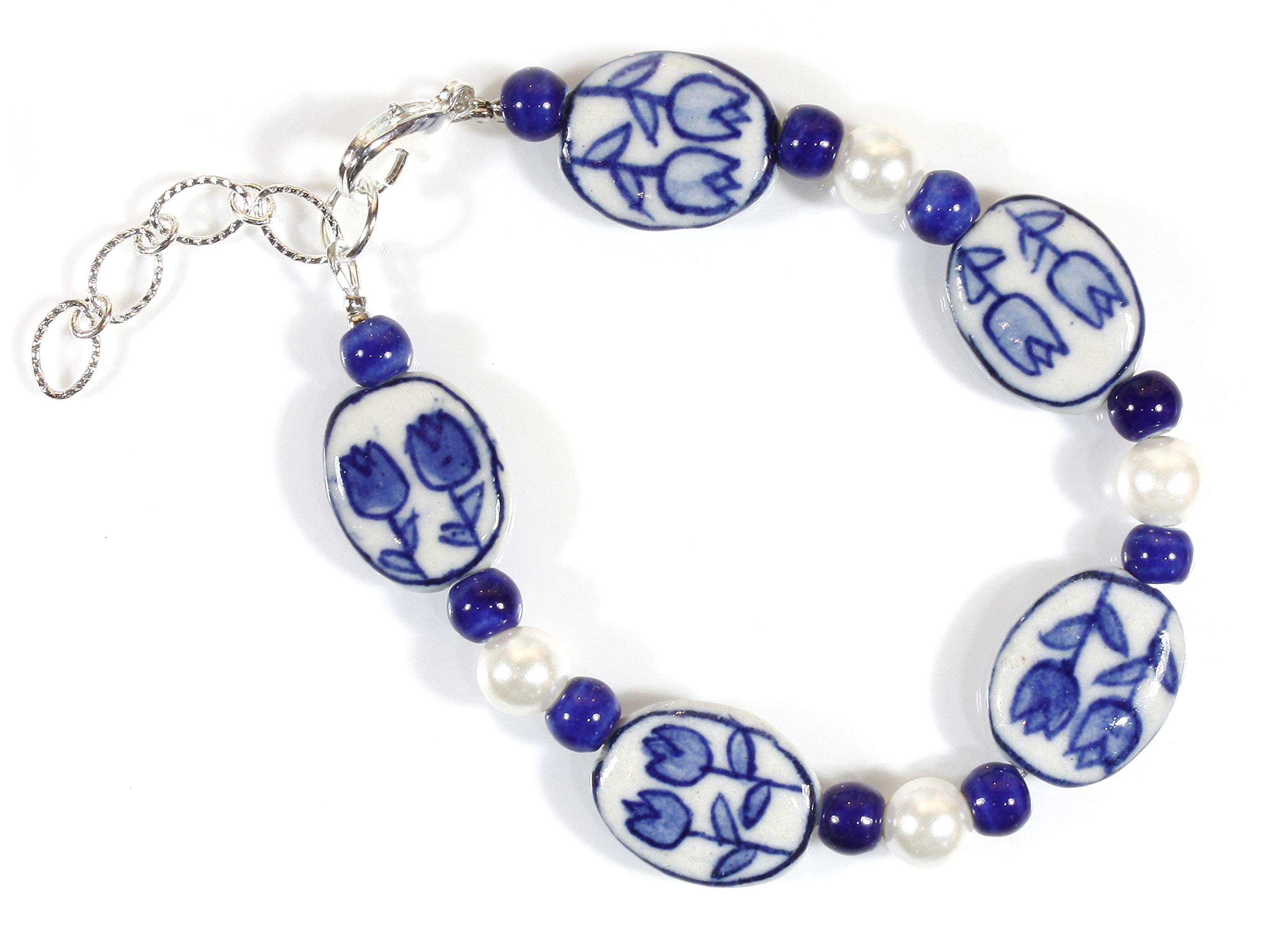 Style ARThouse Tulip Time Dutch Blue Delft Porcelain Bracelet, 8.5 Inches Large