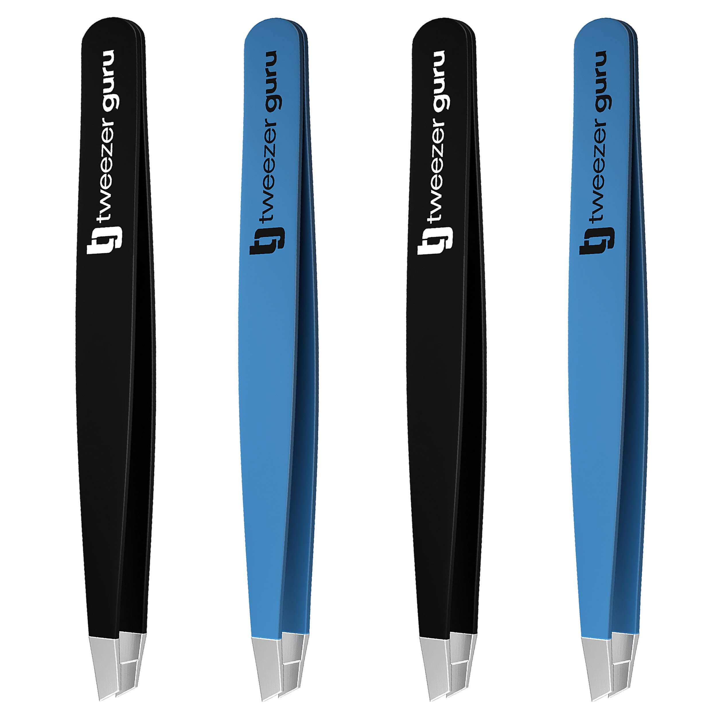 Tweezers Set - Tweezer Guru Stainless Steel Slant Tip Eyebrow Tweezers Set - Great Precision for Facial Hair, Ingrown Hair, Blackhead and Splinter Remover (4-Pack)
