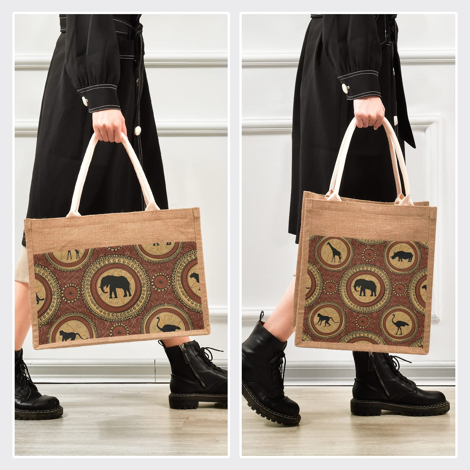 Sinestour African Ethnic Jute Tote Bag Jute Gift Bags with Handle Burlap Tote Bag with Canvas Pocket Beach Tote Bag