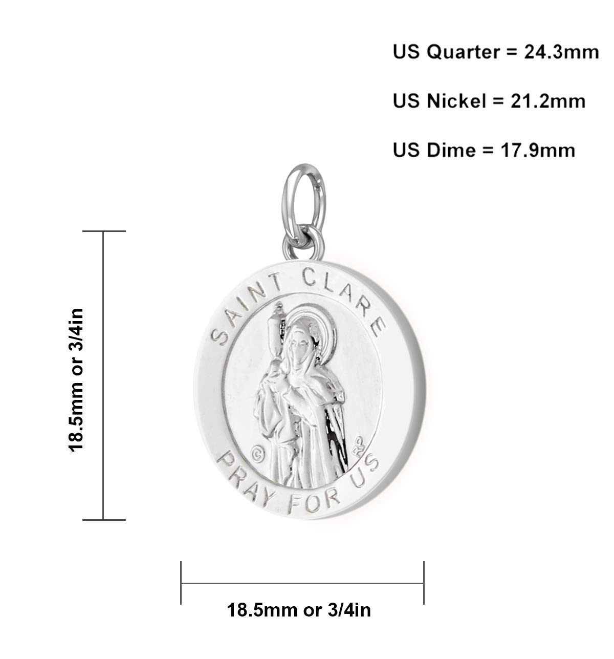 US Jewels 3/4in 925 Sterling Silver Polished Finish Saint St Clare Medal Pendant Necklace