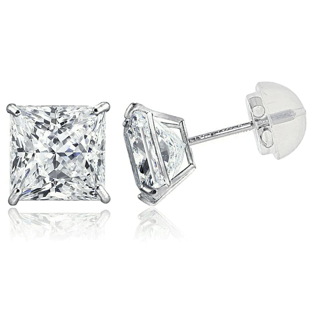 TheElegantShoppe 14K Solid Gold Princess Cut Earrings Minimalist Classic Solitaire CZ Cubic Zirconia Stud Silicon Push Back Pair… (4 MM (0.20 CT), White Gold)