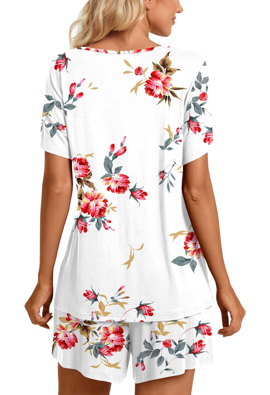 TAOHUADAO Womens Summer 2 Piece Pajama Sets, Short Sleeve Pleated Tunic Tops with Comfy Shorts, Lounge Sleepwear Ladies Pjs Sets with Pockets M, Floral White