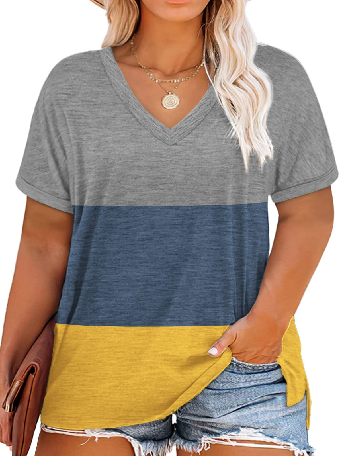 Plus Size Short Sleeve Tops for Women Color Block V Neck Sexy Tshirts XL CBD 14W