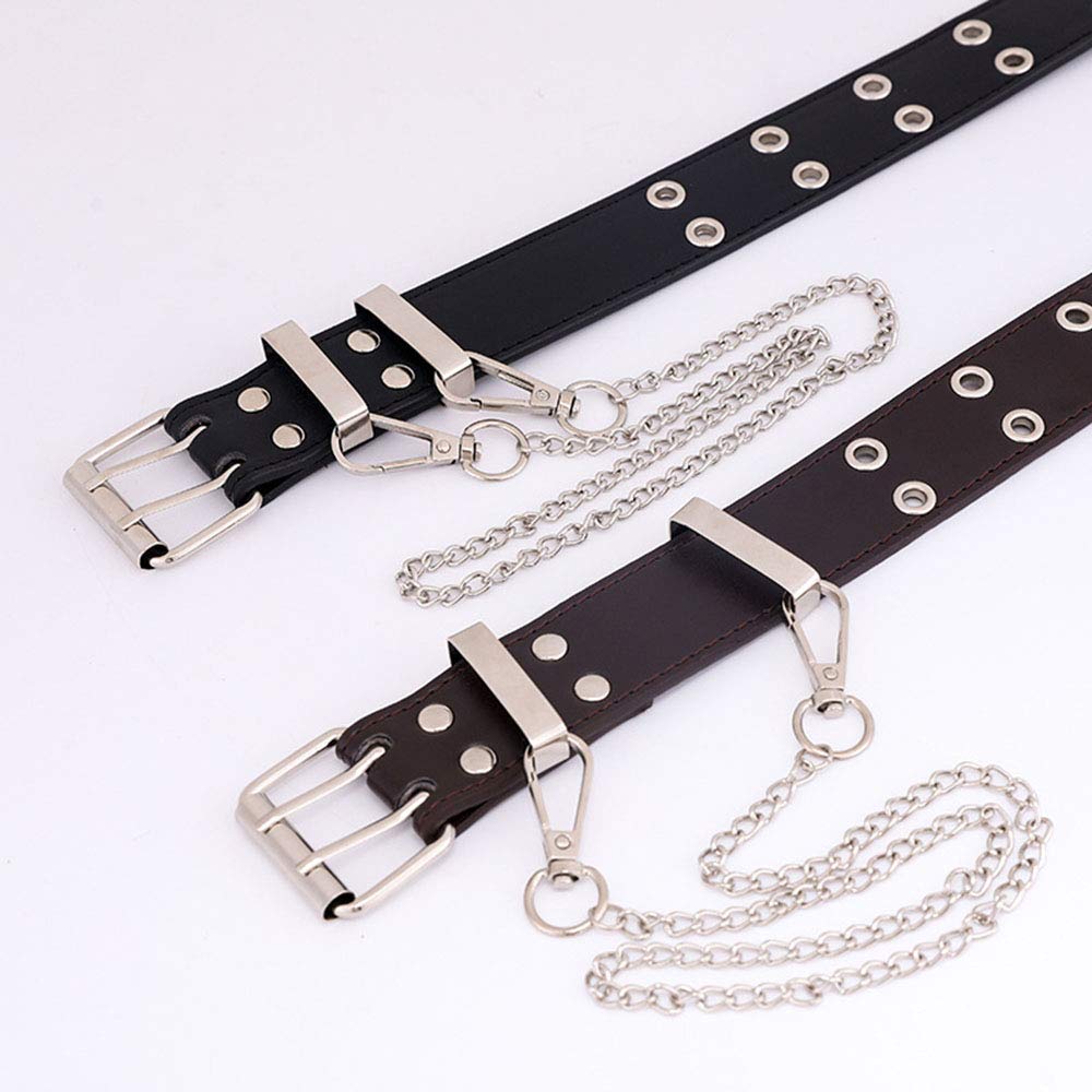 UIYTR Steampunk Rock PU Leather Belt Double Grommet Novel Belts with Chain,Studded Belt Punk Accessories (Pink)