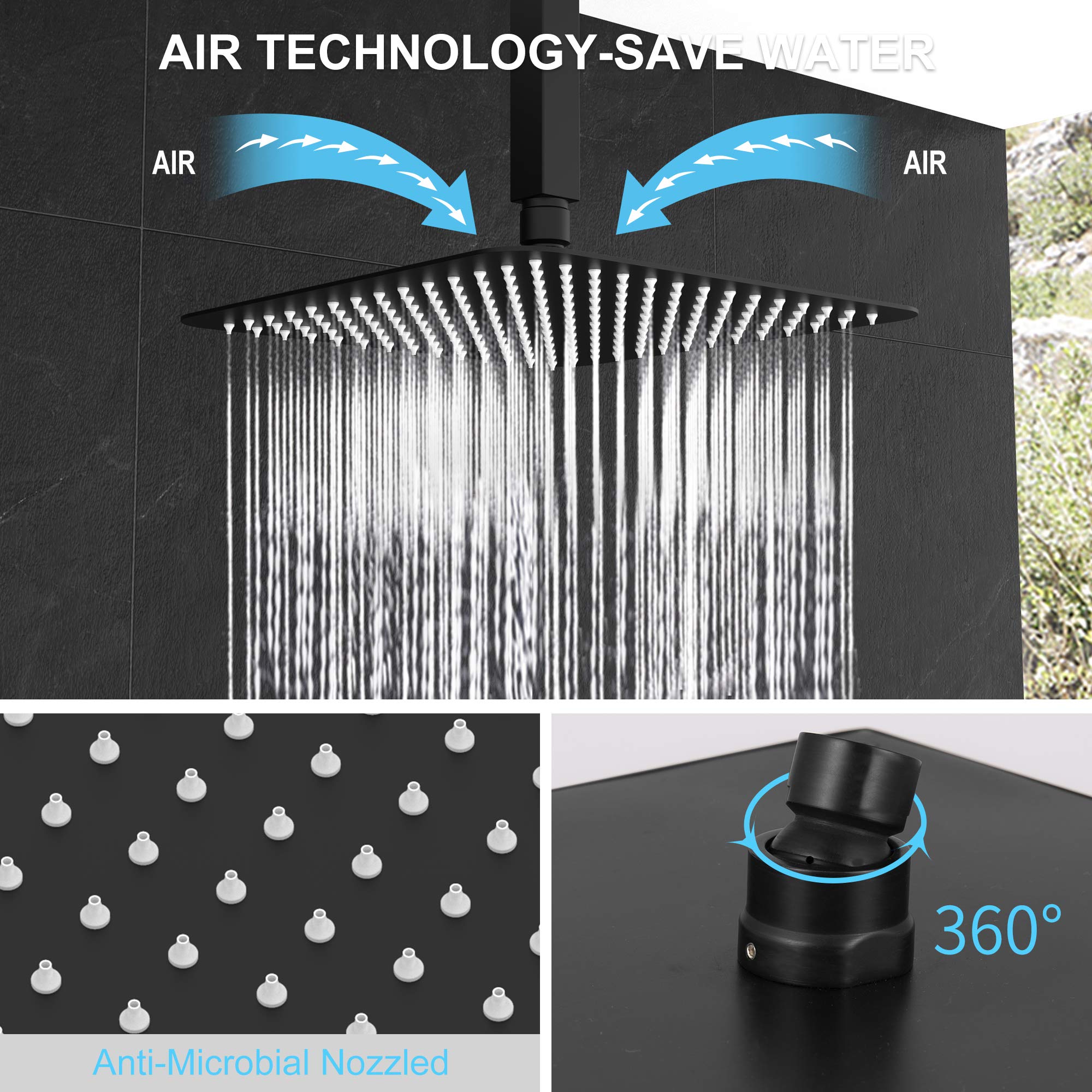 SunCleanse Rainfall shower faucet set Matte Black Shower Combo Set for Bathroom with High Pressure 10 inch shower head with handheld shower valves shower head and handheld Ceiling Mounted