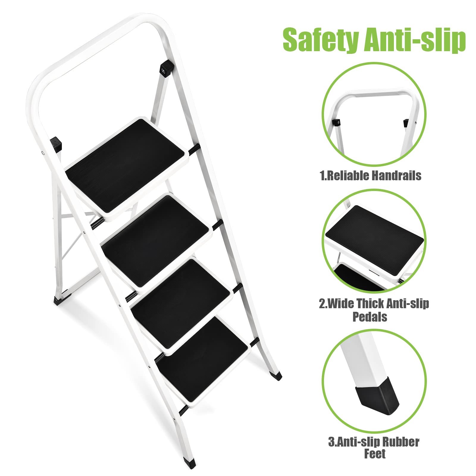 Soctone Step Ladder 4 Step Folding with Anti-Slip Pedal, Lightweight 4 Step Ladder with Handrails, 330 lbs Capacity Perfect for Kitchen & Household, White