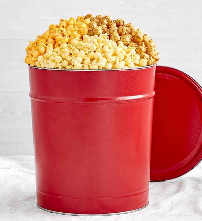 The Popcorn Factory Popcorn Gift Tin, Simply Red, 3.5 Gallons (Robust Cheddar, Butter, Caramel)