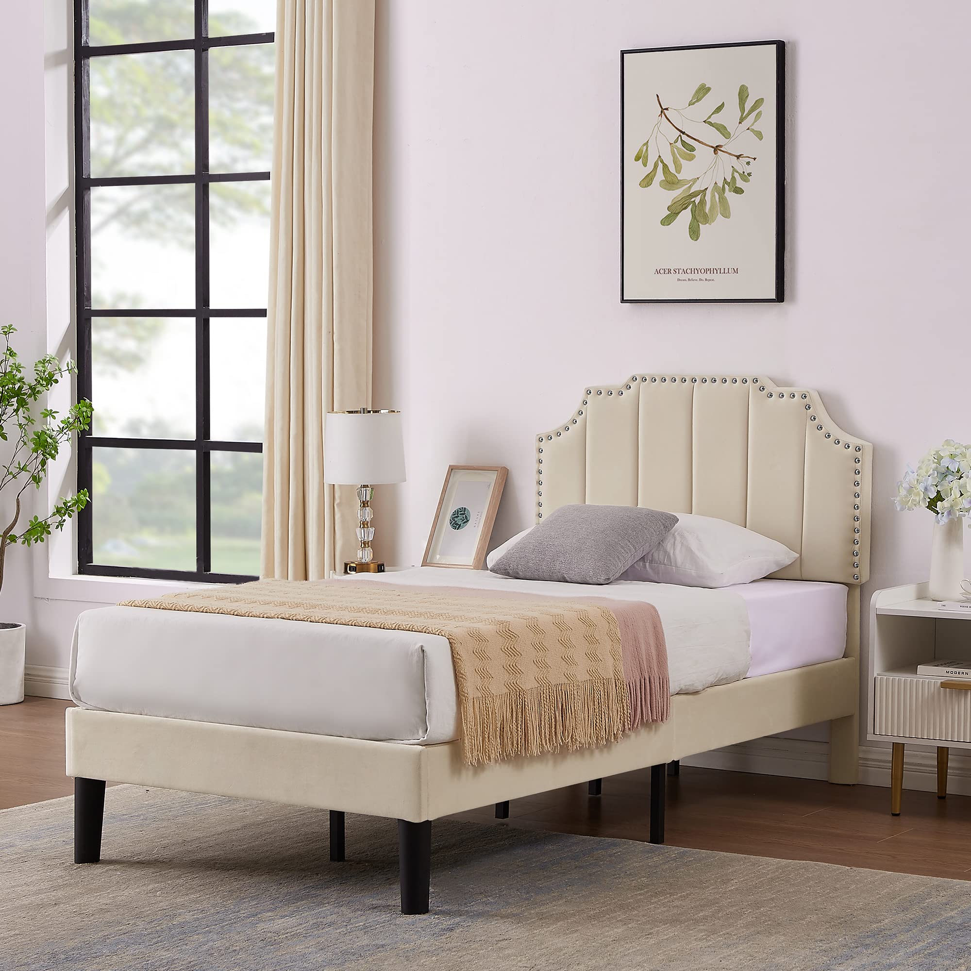VECELO Twin Size Bed Frame Upholstered Platform with Tufted Adjustable Headboard/Mattress Foundation with Wood Slat Support, Easy Assembly,Honey Beige