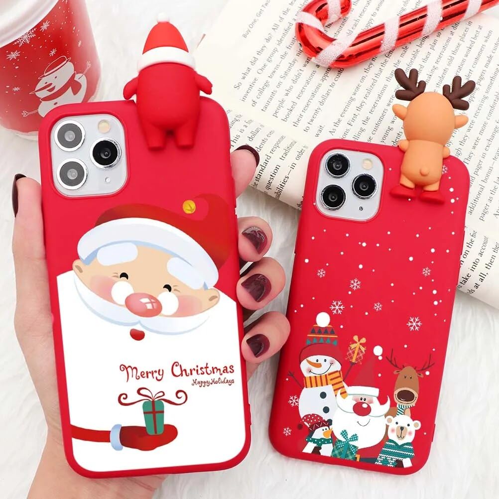 Pnakqil 2 Pieces Christmas Case for Samsung Galaxy A40 5.9 Inch, Matte Red Silicone Back Cover with Cute Deer and Santa Claus 3D Doll Cartoon Pattern Slim Shockproof Protective Case for Samsung A40