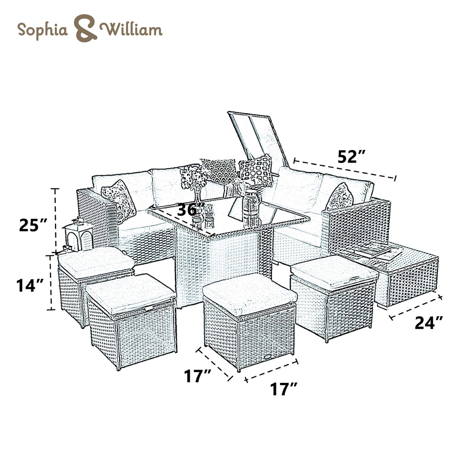 Sophia & William 9 Piece Patio Furniture Set Rattan Wicker Outdoor Sectional Sofa Set with Dining Table and Chairs, Conversation Set with Storage Box & Glass Table Top