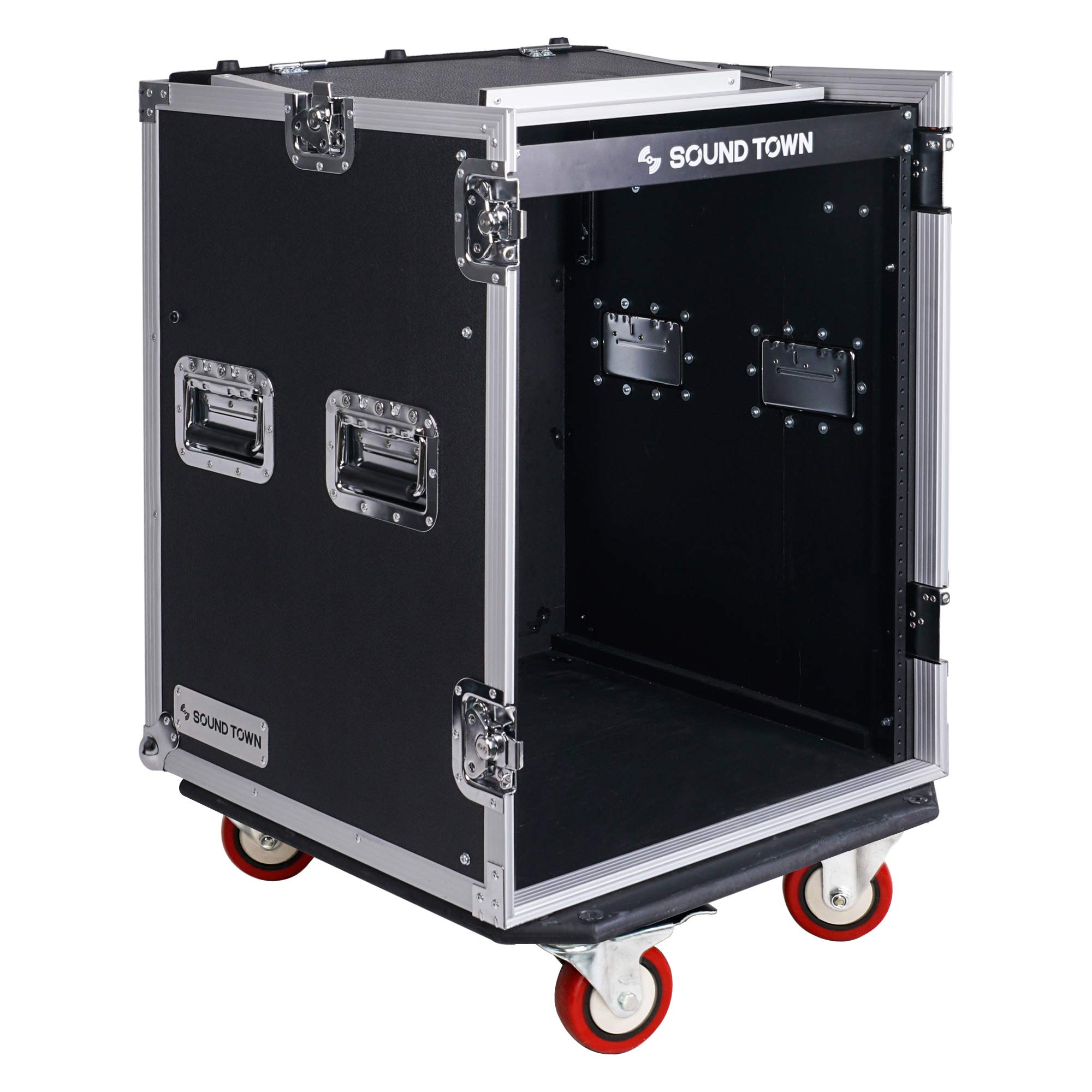Sound Town 14U PA DJ Rack/Road ATA Case with 11U Slant Mixer Top, 20’’ Rackable Depth, DJ Work Table and Casters, 14 Space Size, Pro Tour Grade (STMR-14UWT)