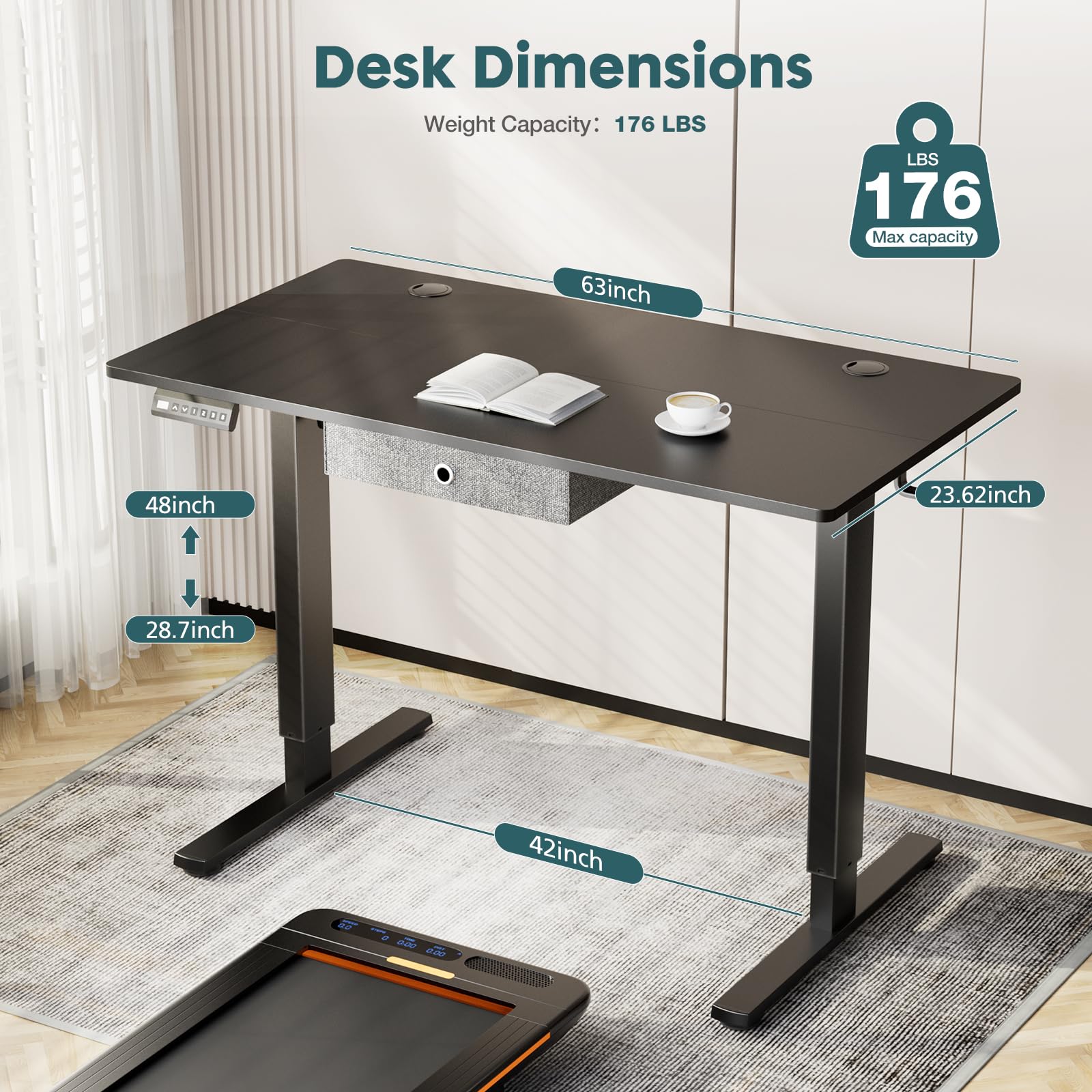 Sweetcrispy Electric Standing Desk with Drawer, 63 x 24in Adjustable Height Electric Stand Up Desk Standing Computer Desk Home Office Desk Ergonomic Workstation with 3 Memory Controller, Black