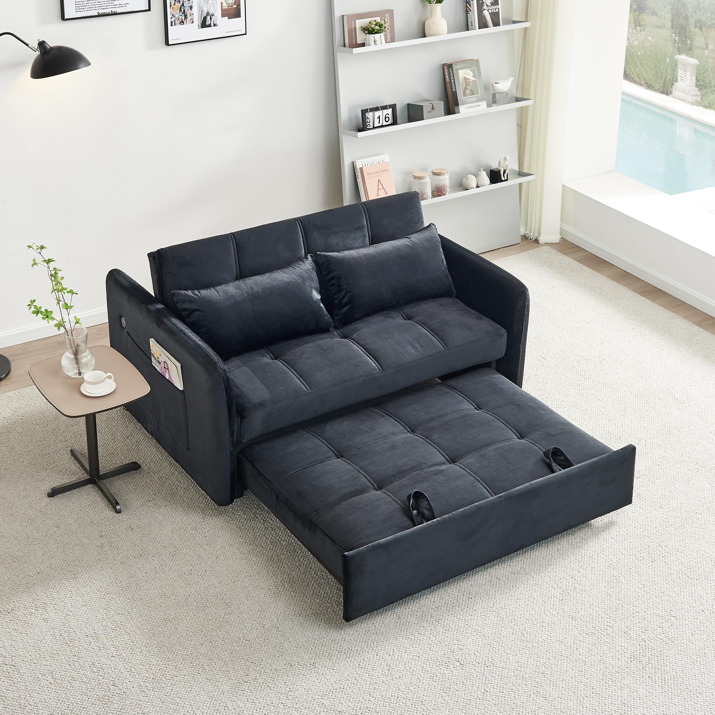 Verfur 3 in 1 Convertible Sleeper, Black 55.5" w/USB Charge and Pillows