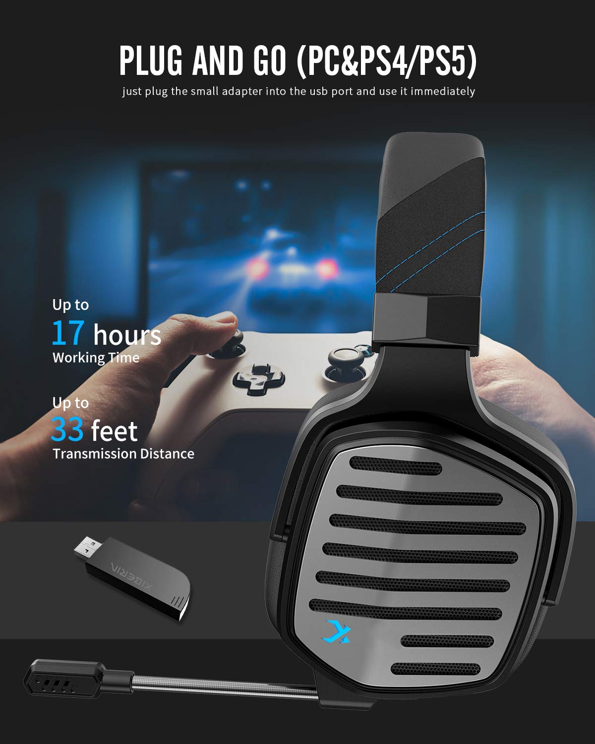 XIBERIA G02 Wireless Gaming Headset with Detachable Unidirectional Microphone Compatible for PC,PS4,PS5,2.4GHz Ultra-Low Latency,Noise Cancelling MIC,Memory Foam Earmuffs(Wired Mode for Xbox One)