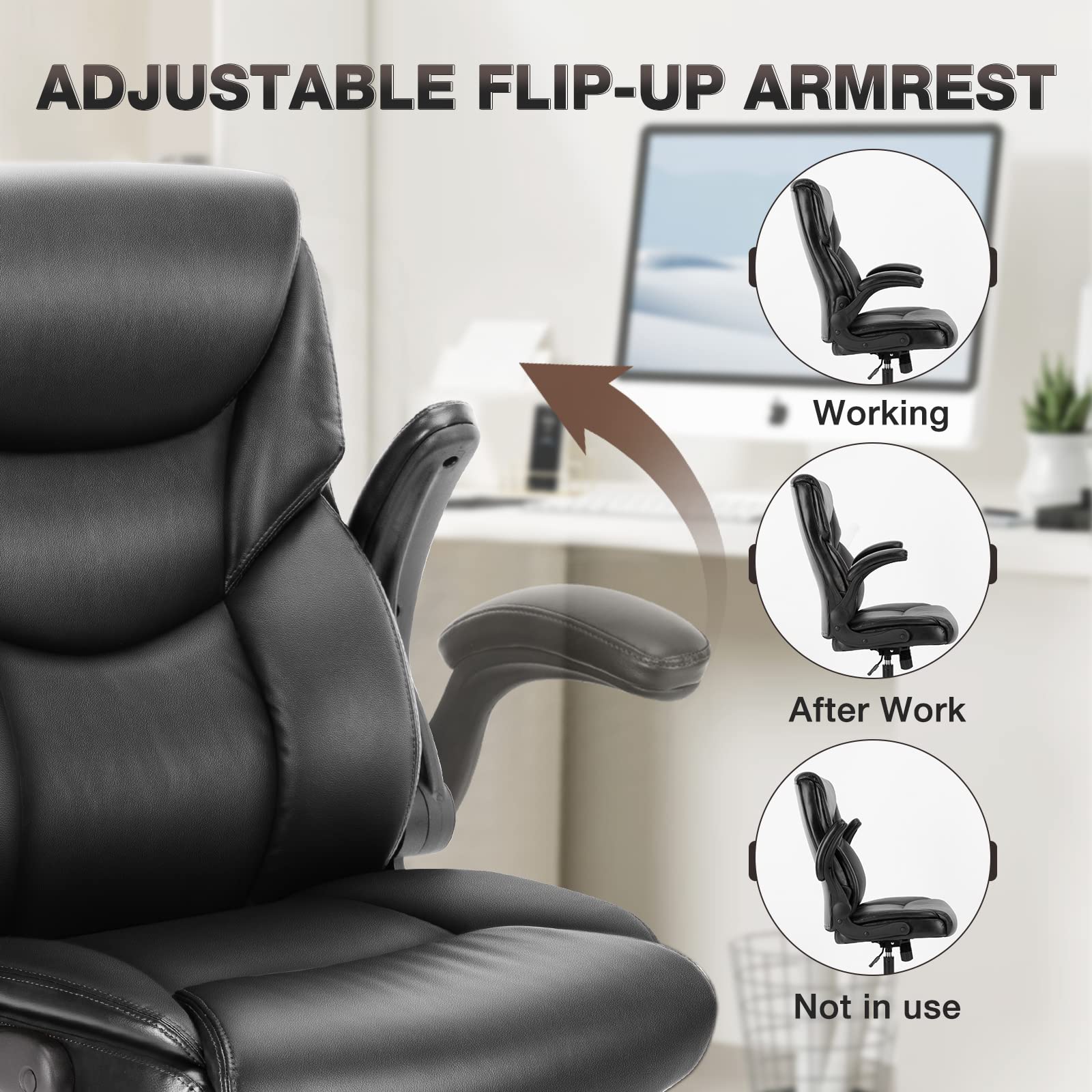 Sweetcrispy Executive Office Chair High Back, Heavy Duty Desk Chair with Wheels Computer Chair with Lumbar Support Height Adjustable PU Leather Office Chair Flip up Arms, Black