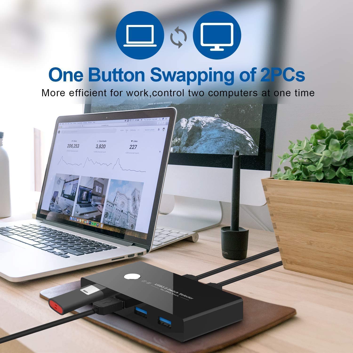 USB Switch Selector, Amtake USB 3.0 KVM Switch for 2 Computers Sharing 4 USB Devices Peripheral Switcher Hub for Mouse, Keyboard, Scanner, Printer with One-Button Swapping and 2 Pack USB A to A Cable