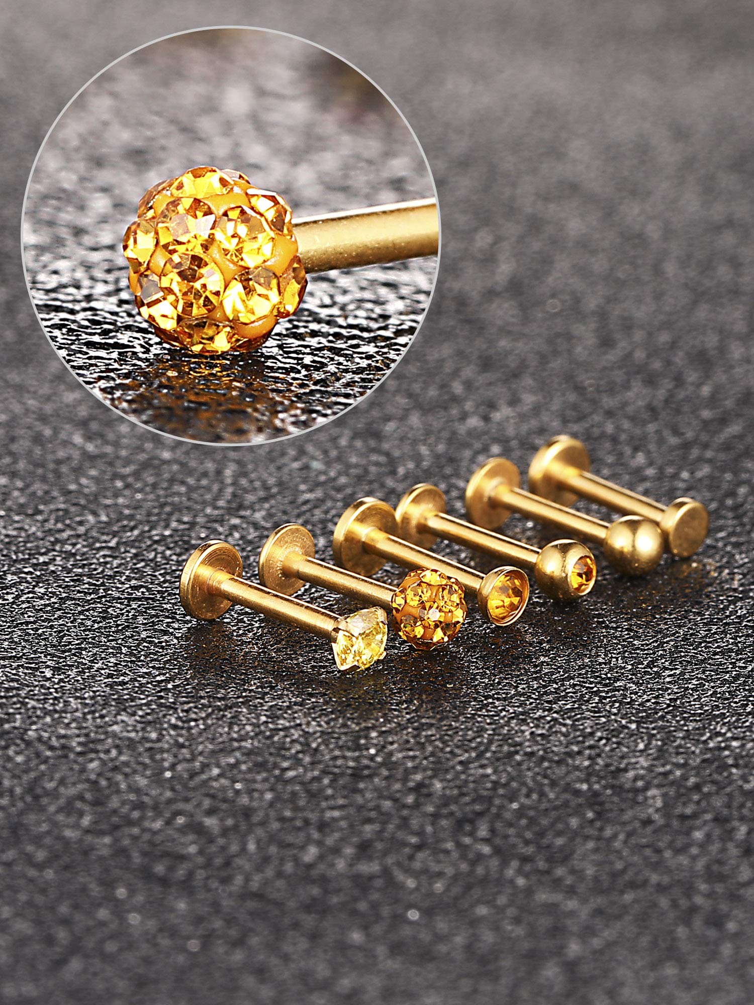 Sumind Nose Studs 16G tragus piercing jewelry Tragus Earrings Lip Rings Diamond Crystal Stainless Steel Labret Bars Body Piercing Jewelry, 6 Designs(Gold)