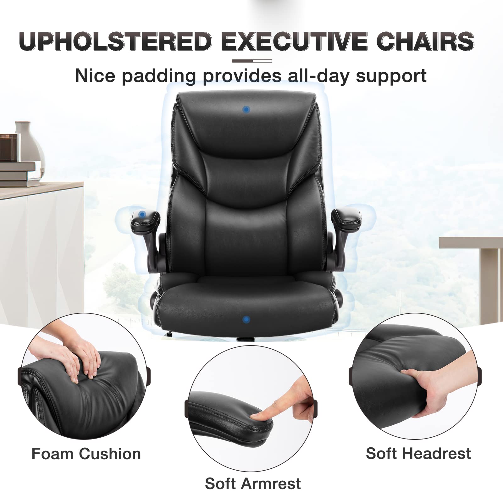 Sweetcrispy Executive Office Chair High Back, Heavy Duty Desk Chair with Wheels Computer Chair with Lumbar Support Height Adjustable PU Leather Office Chair Flip up Arms, Black