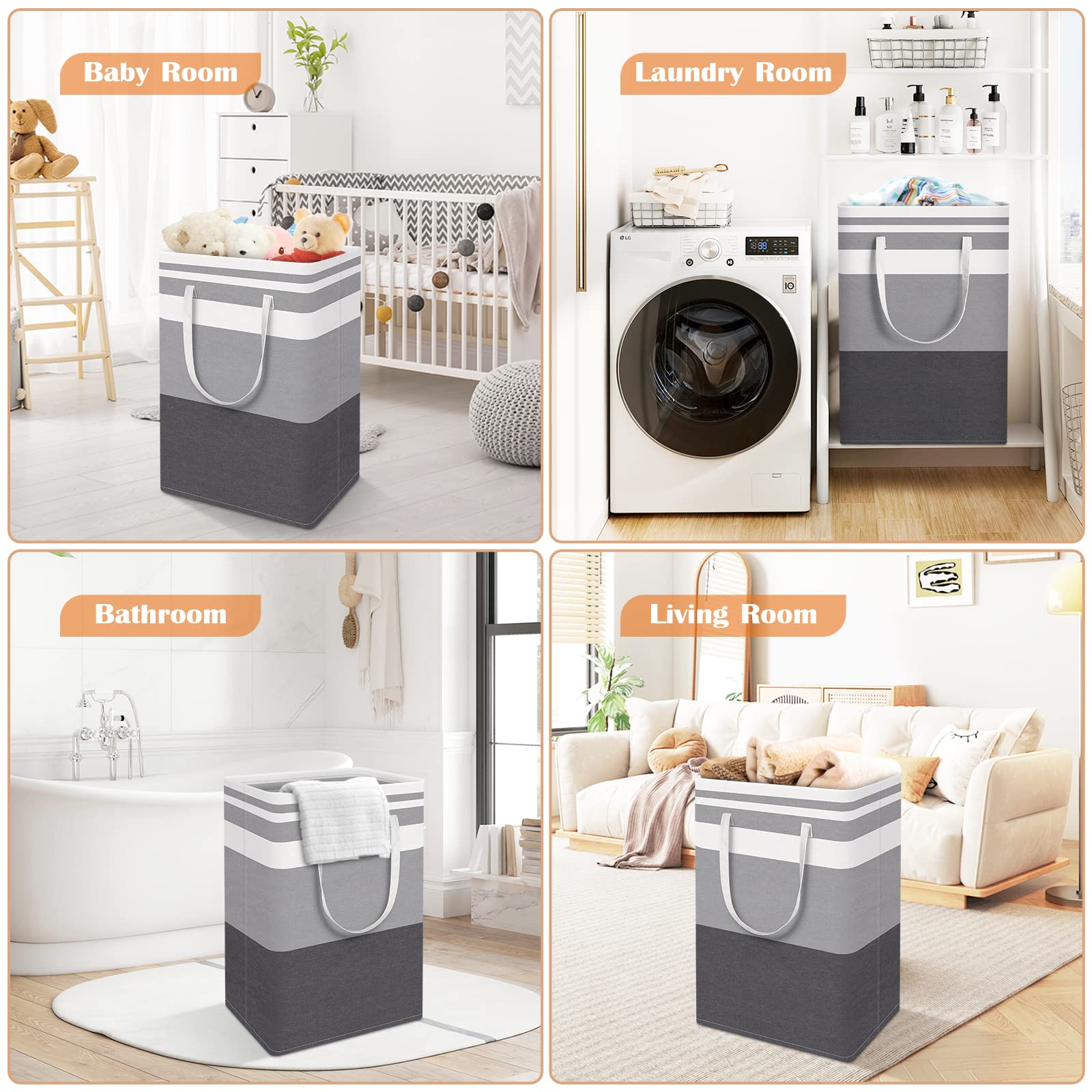 ToteTastic 3-Pack Laundry Basket, Freestanding&Waterproof Laundry Hamper, Collapsible Tall Clothes Hamper with Easy Carry Handles for Clothes, Towels&Toys in the Family and Dorm,Gradient Grey,75L
