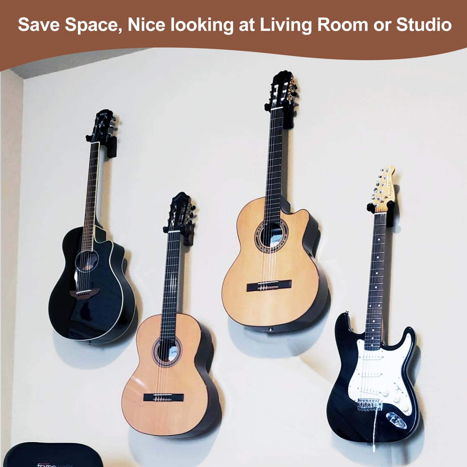 WINGO Guitar Wall Mounts 2 Pack, Guitar Wall Hanger Holder Stand for Acoustic Electric Guitar Bass Ukulele – Black Walnut Woodbase