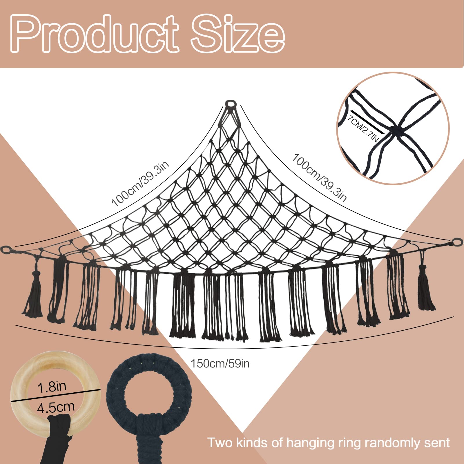 Triangle Stuffed Animal Hammock, 2 Sets Hammock for Stuffed Animals with Macrame Tassels, 59"x 40"x40" Net for Stuffed Animals Corner, Stuffed Animal Net or Hammock for Bedroom (Black)