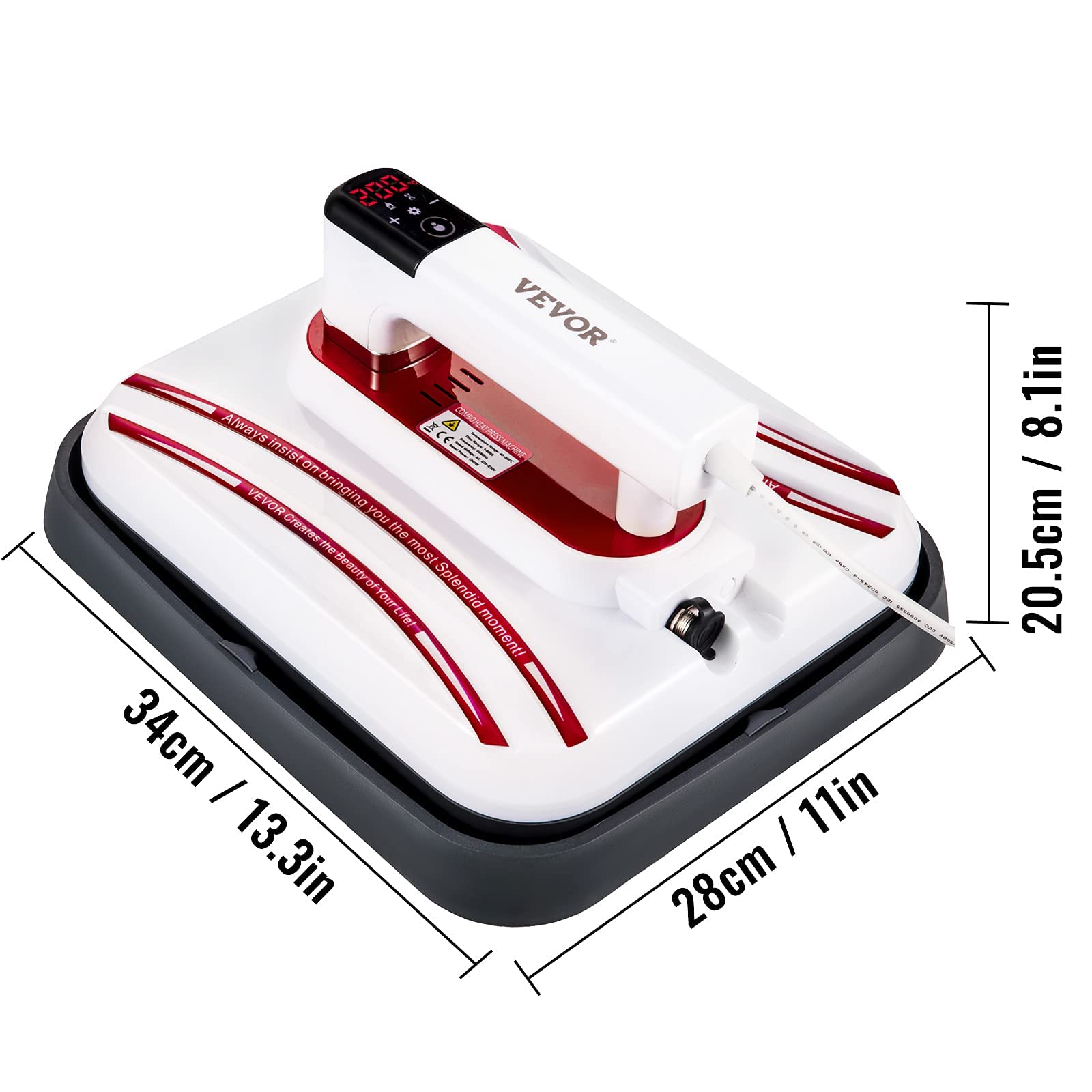 VEVOR Heat Press 12 x 10 Inch Easy Press 800W 4 in 1 Red Portable Easy Mini Press Vibration Function Press Machine Double-Tube Heating Mini Press for Mugs & Caps with Highly-Sensitive Touch Screen