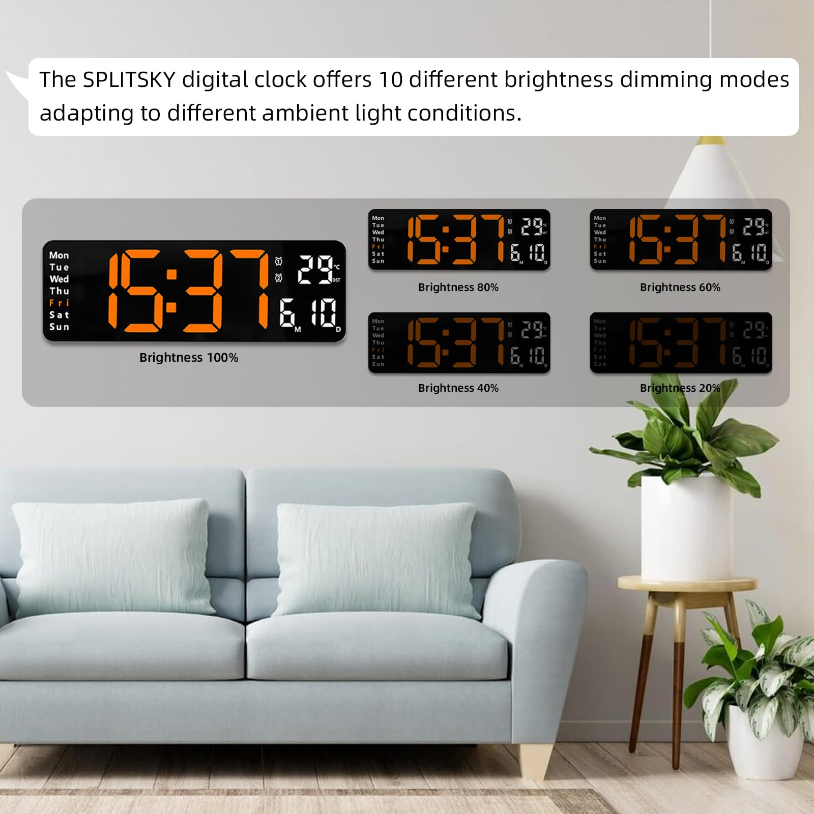 SPLITSKY 12.5 Inch Large Digital Wall Clock, Modern LED Digital Clock with Remote Control,10-Levels Brightness Dimming,Dual Alarm Clock, Date,Week,Temperature, for Bedroom, living Room, Office