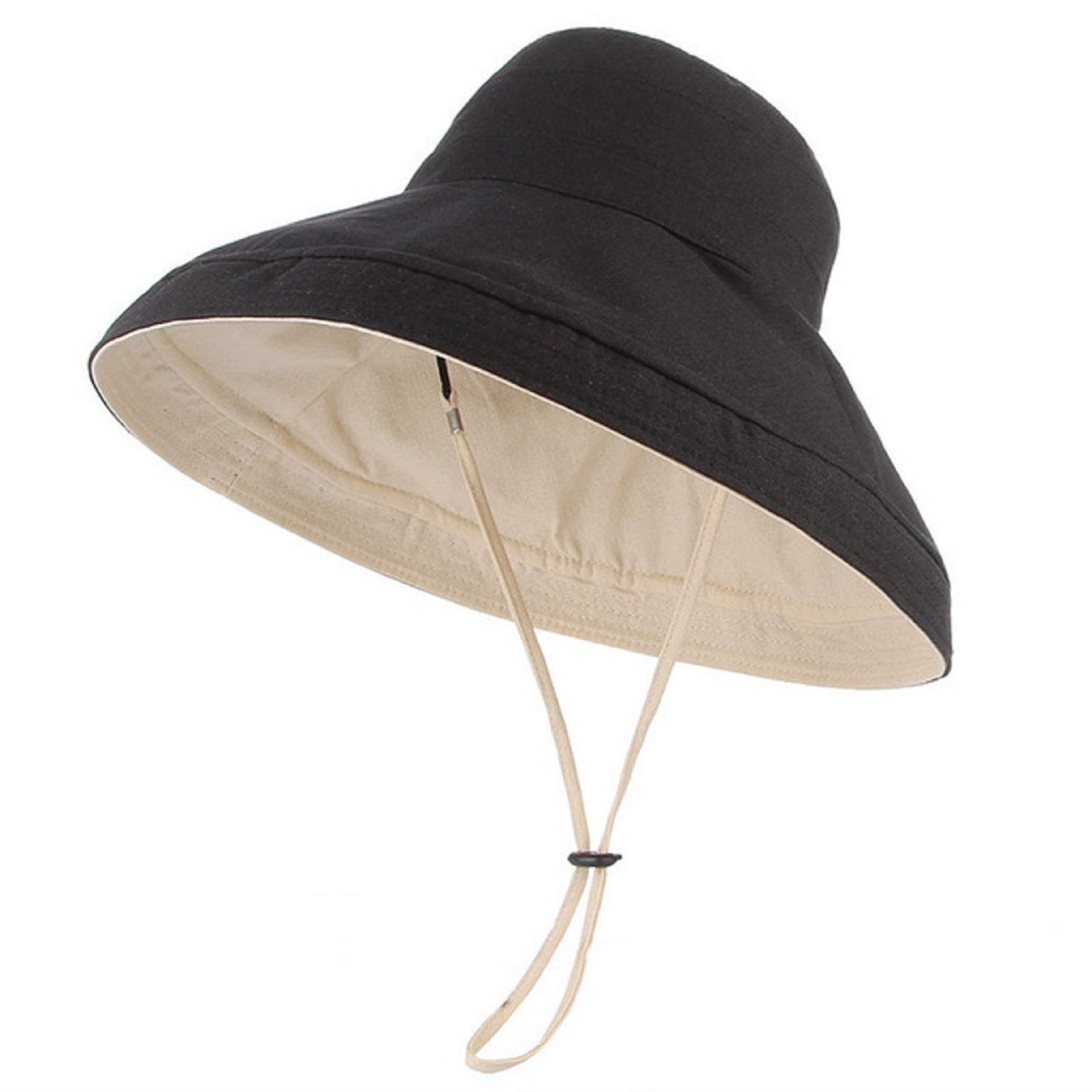 Sun Hats Women Bucket Floppy Cotton Hat Wide Brim Summer Beach Caps Packable UV UPF 50+ (Black)