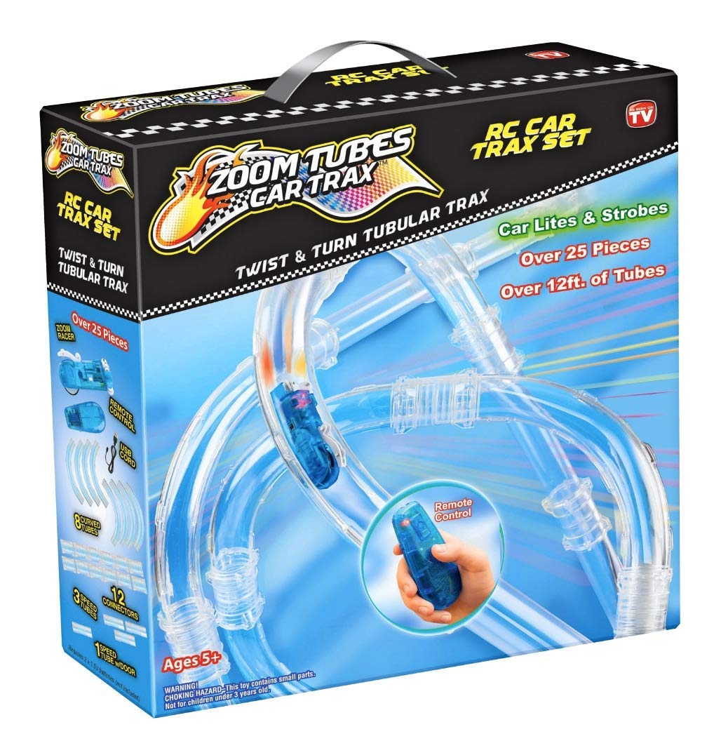 Zoom Tubes Car Trax Set - 25 Piece RC Kit with Blue Racer & Over 12ft of Tubes, As Seen on TV, Amazing Lite Up Trax, Customizable Non-Stop Racing Fun