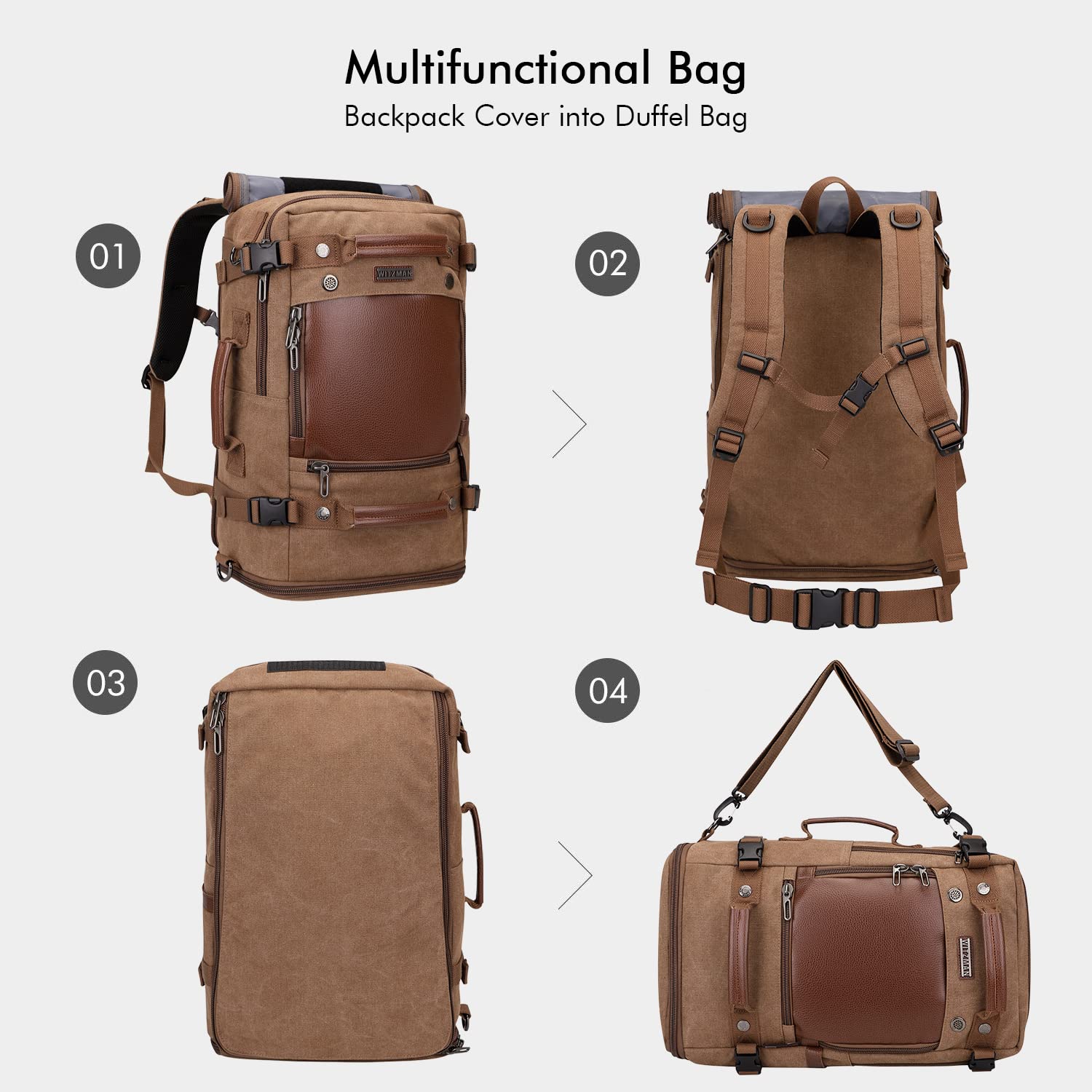 WITZMAN Travel Backpack for Men Women Carry on Luggage Backpack Canvas Rucksack Duffel bag with Shoe Compartment(A2020BROWN)
