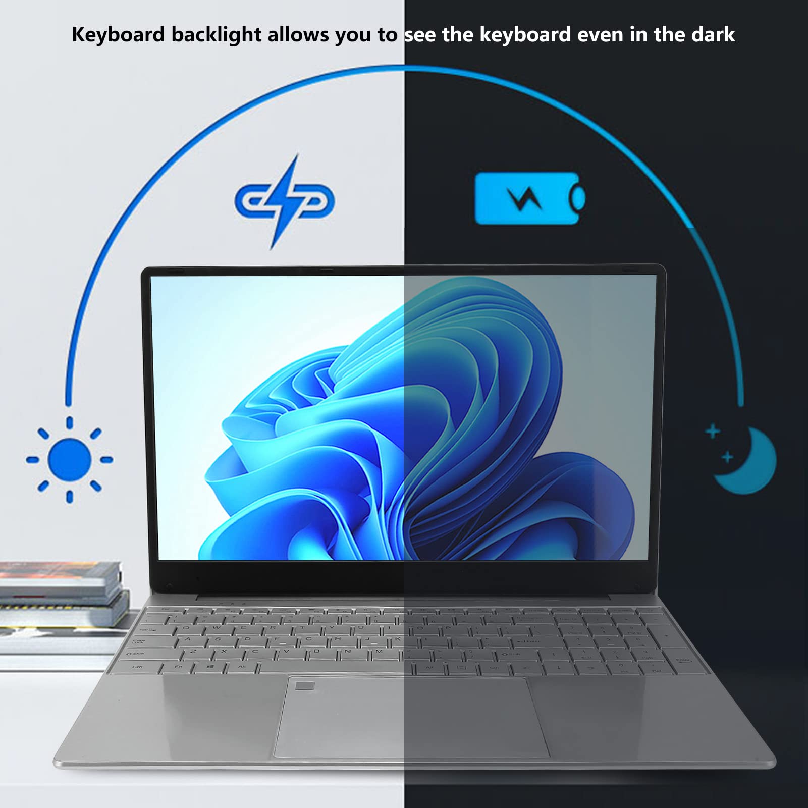 TOPINCN Laptop, Backlit Keyboard 7000mAh Battery 1920x1080 Resolution 100-240V 15.6in Laptop with Numeric Keypad for Windows 10 for Reading (12+256G US Plug)