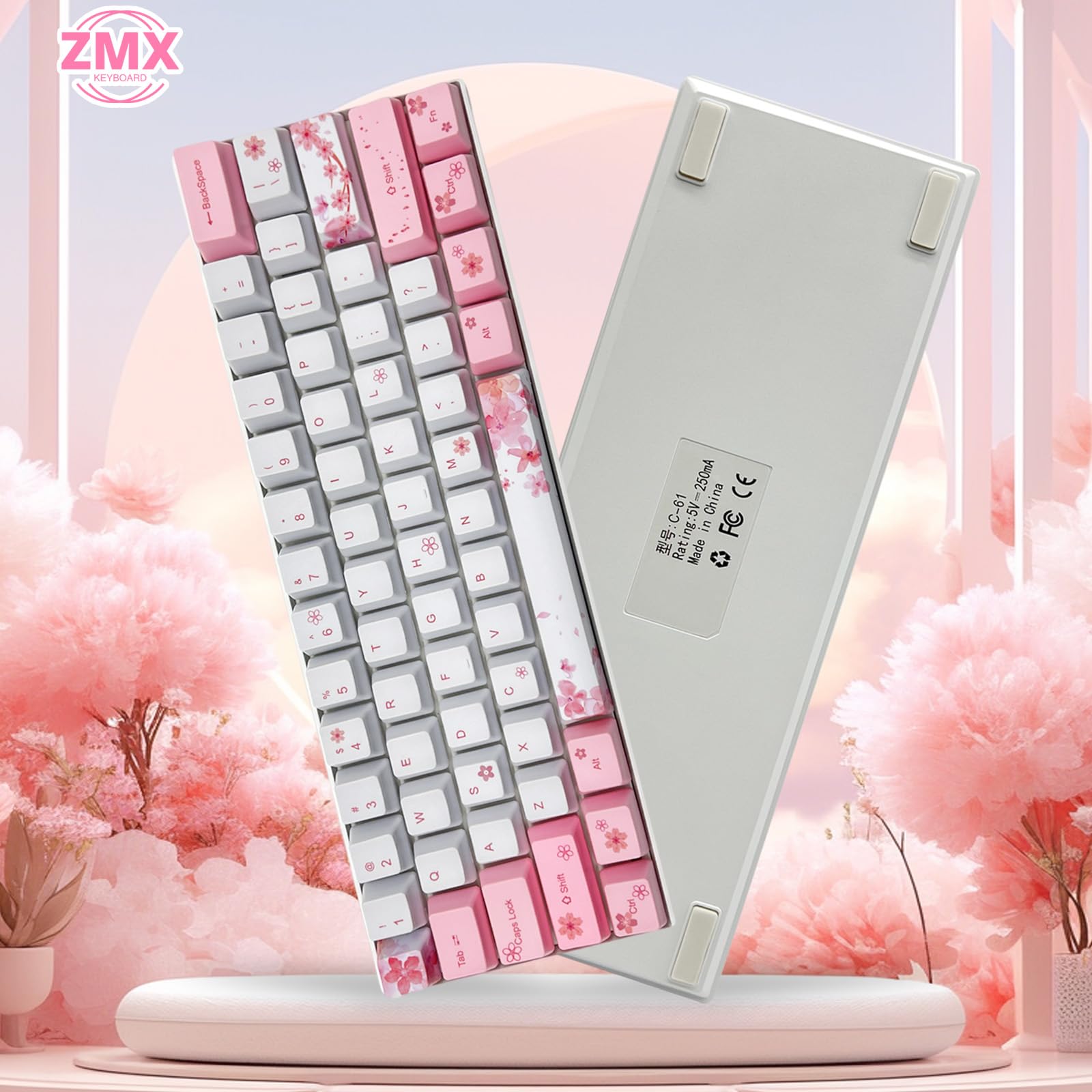 ZMX Cherry Blossom Pink Mechanical Gaming Wired Keyboard,61 Keys Mini OUTEMU (Gaote) Hot Swappable Heat Sublimated PBT Type-C Ergonomic Design Gaming Keyboard for Windows/Mac/Android (Black Switch)