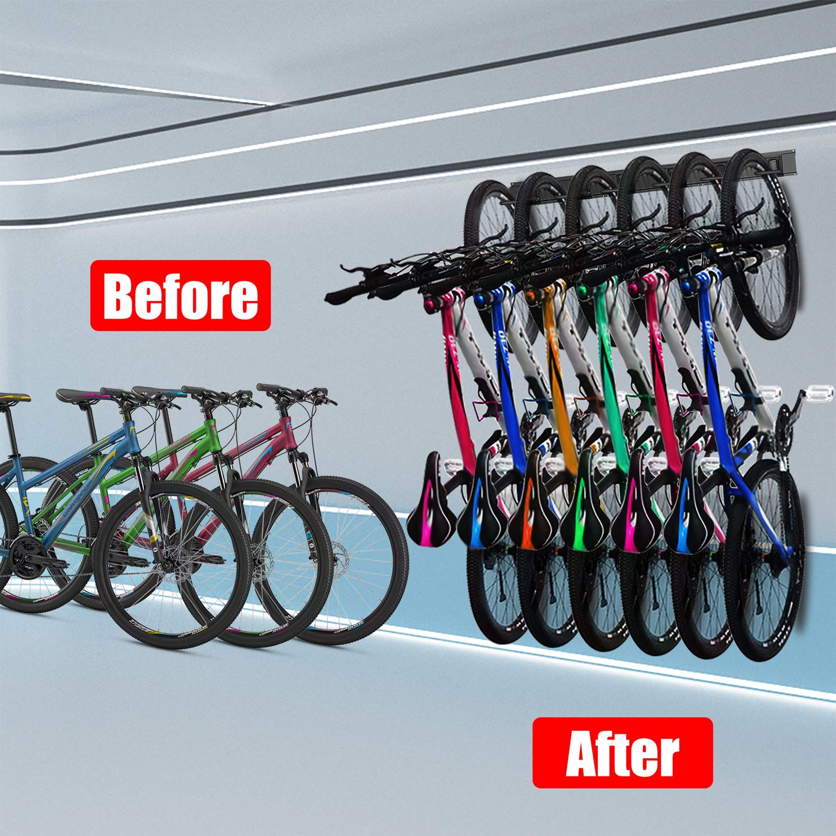 WALMANN Bike Storage Rack, 6 Bike Hooks for Garage & Home Space Saving Wall Mount Vertical Bike Hangers Holds Up to 300LBS