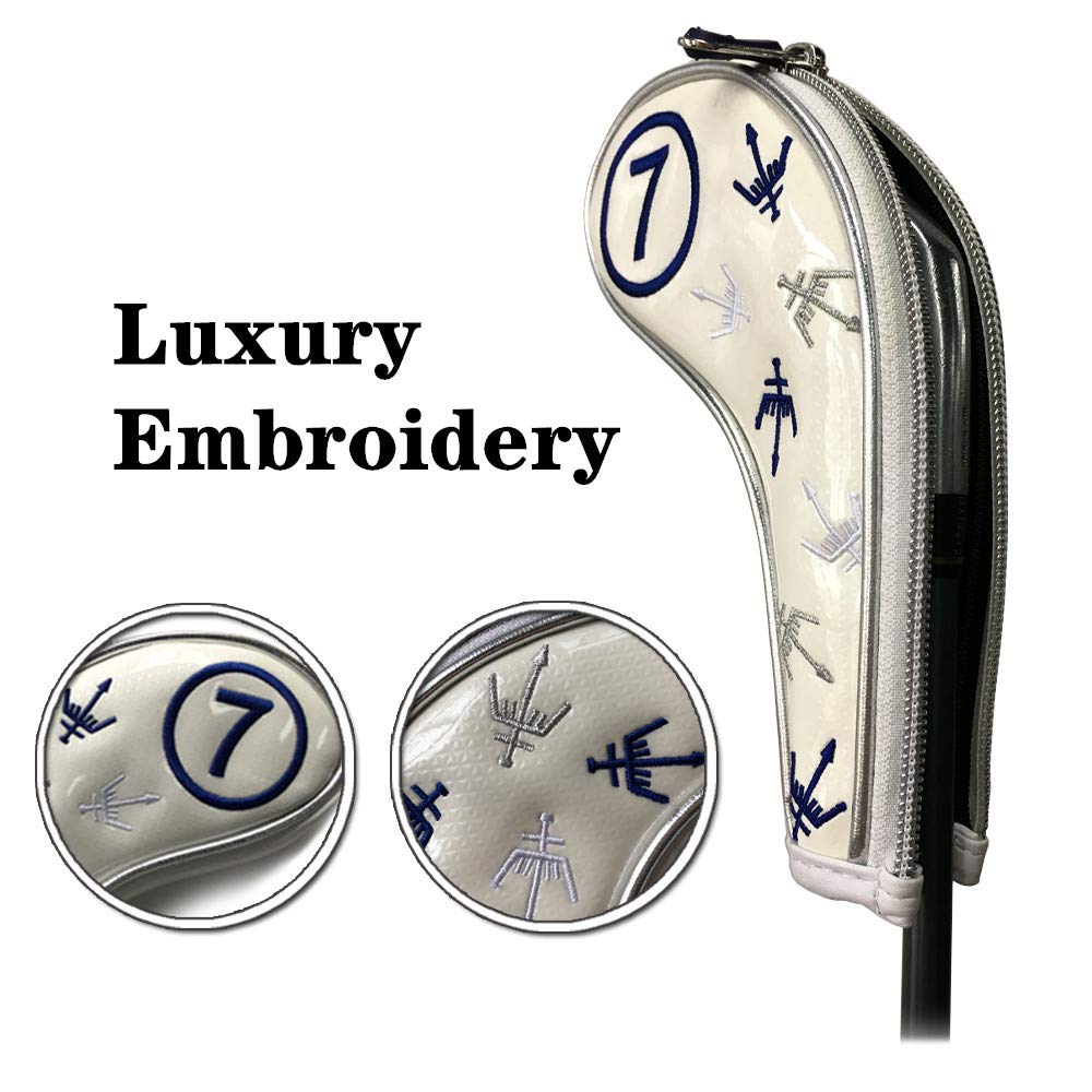 SUNBRO Golf 9pcs (4,5,6,7,8,9,A,P,S) Enamel Luxury Embroidery Greek Culture Poseido Trident Golf Iron Cover Headcovers Head Cover Set Suitable for Right & Left Handed Zipper Closure (WhiteBlue)