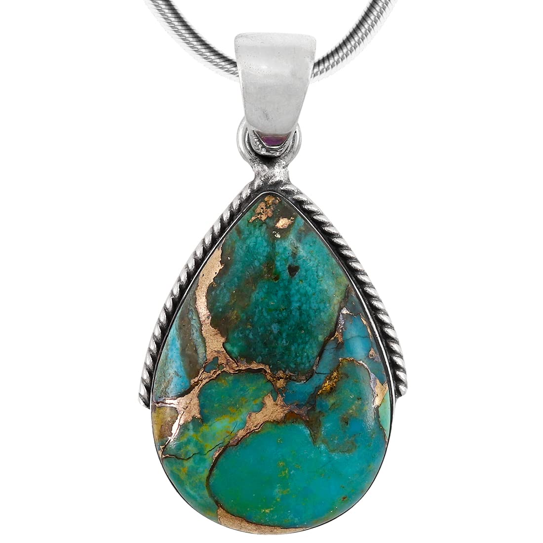 Turquoise Pendant Necklace in Sterling Silver 925 with 20" Snake Chain (Teal/Matrix Turquoise)
