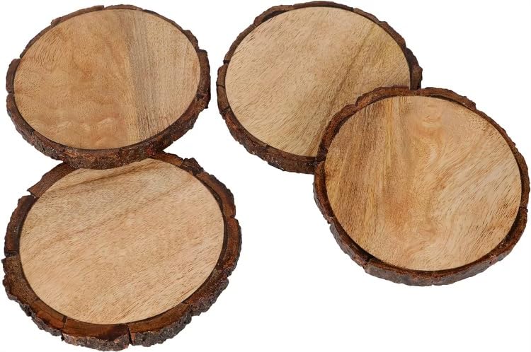 UNI_CRAFTS Natural Wooden Rustic Coasters with Tree Bark | Wood Coaster Pieces Craft Wood kit | Mango Wood Coasters for Your Drinks, Beverages & Wine/Bar Glasses (Coasters Set of 4)