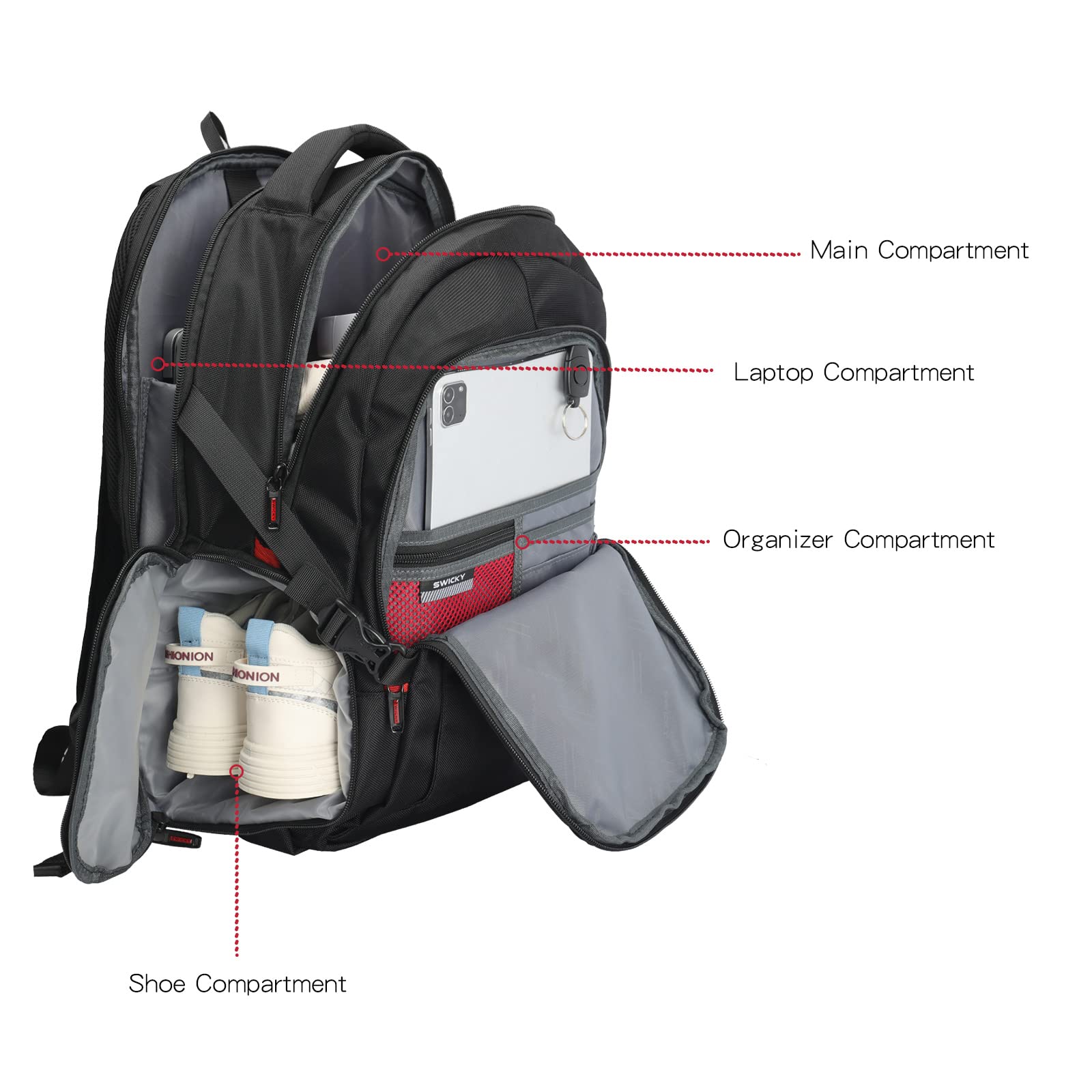 SWICKY 81669 Carry-on Water Repellent USB Port Luggage Strap Anti Theft Zip Airflow Back Panel Travel Work Laptop Backpack (Black with shoe compartment, 17.3 Inch)