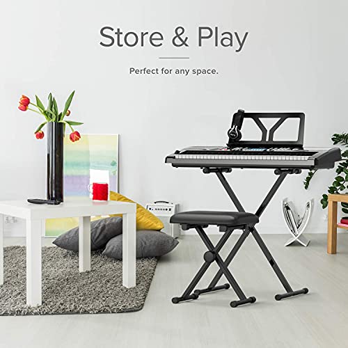 RIF6 Electric 61 Key Piano Keyboard - with Over Ear Headphones, Music Stand, Digital LCD Display, Teaching Modes and Adjustable Stool - Electronic Musical Instruments Starter Set for Kids and Adults