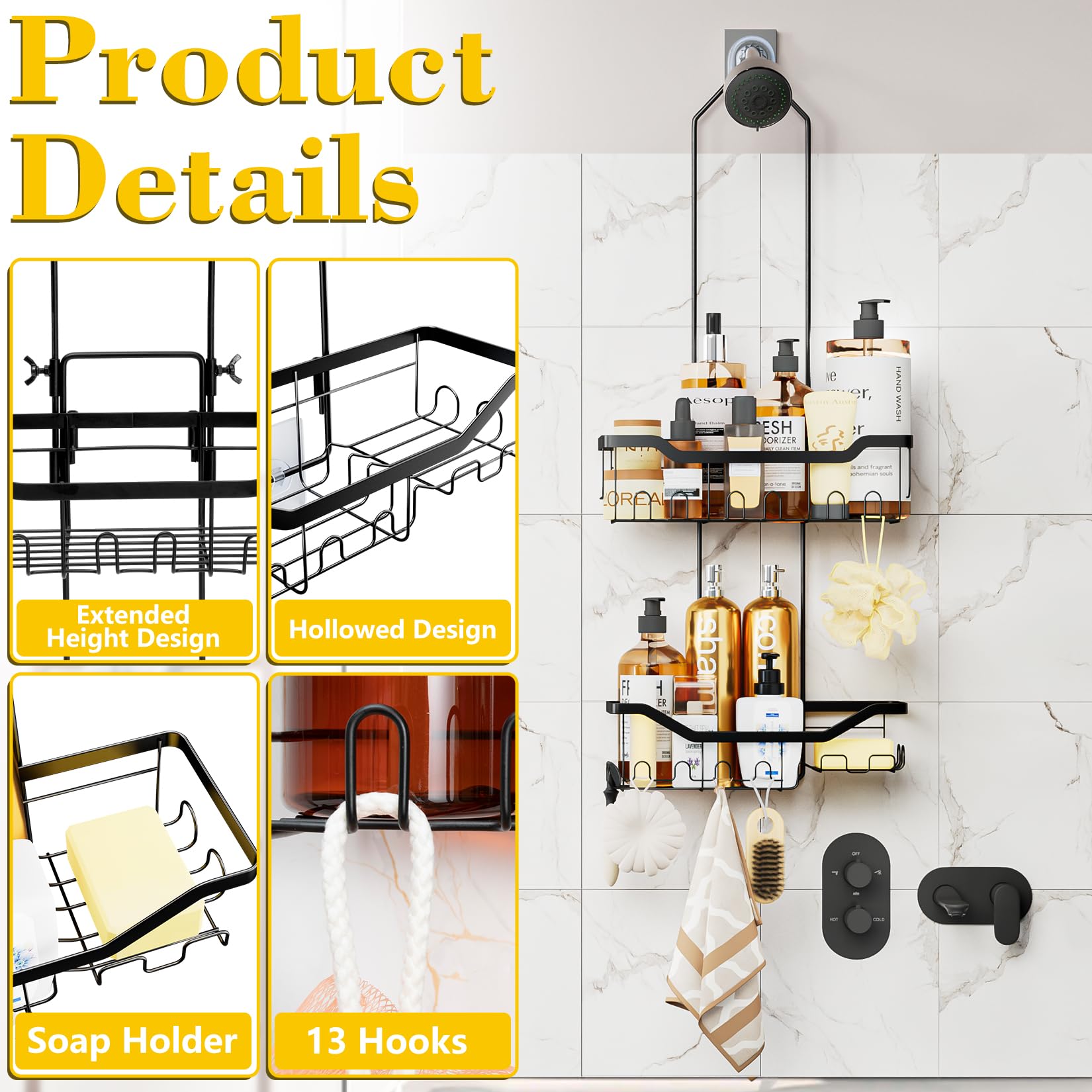 Skyapex Hanging Shower Caddy Over Showerhead: Extra Long Adjustable Shower Organizer Hanging No Blocking to Shower Head - Large Capacity Shower Caddy Hanging with Hooks Shampoo Soap Holder