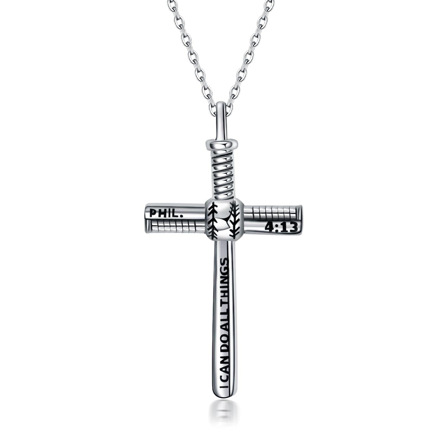 YAFEINI Baseball Cross Necklace Sterling Silver Sports Baseball Bat Cross Necklace Strength Bible Verse Cross Pendant Jewelry Gifts for Women (Baseball Cross Necklace)