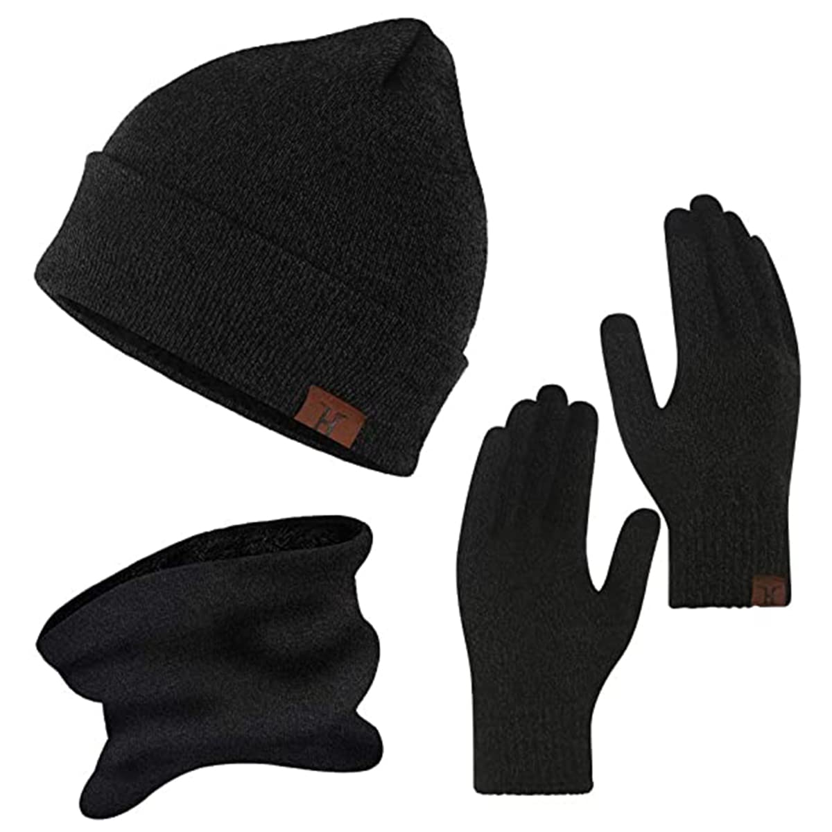 Winter Knit Beanie Hat Gloves and Scarf Set, Fleece Lined Skull Cap Warm Sccarf Touch Screen Gloves for Man Women (Dark Grey)